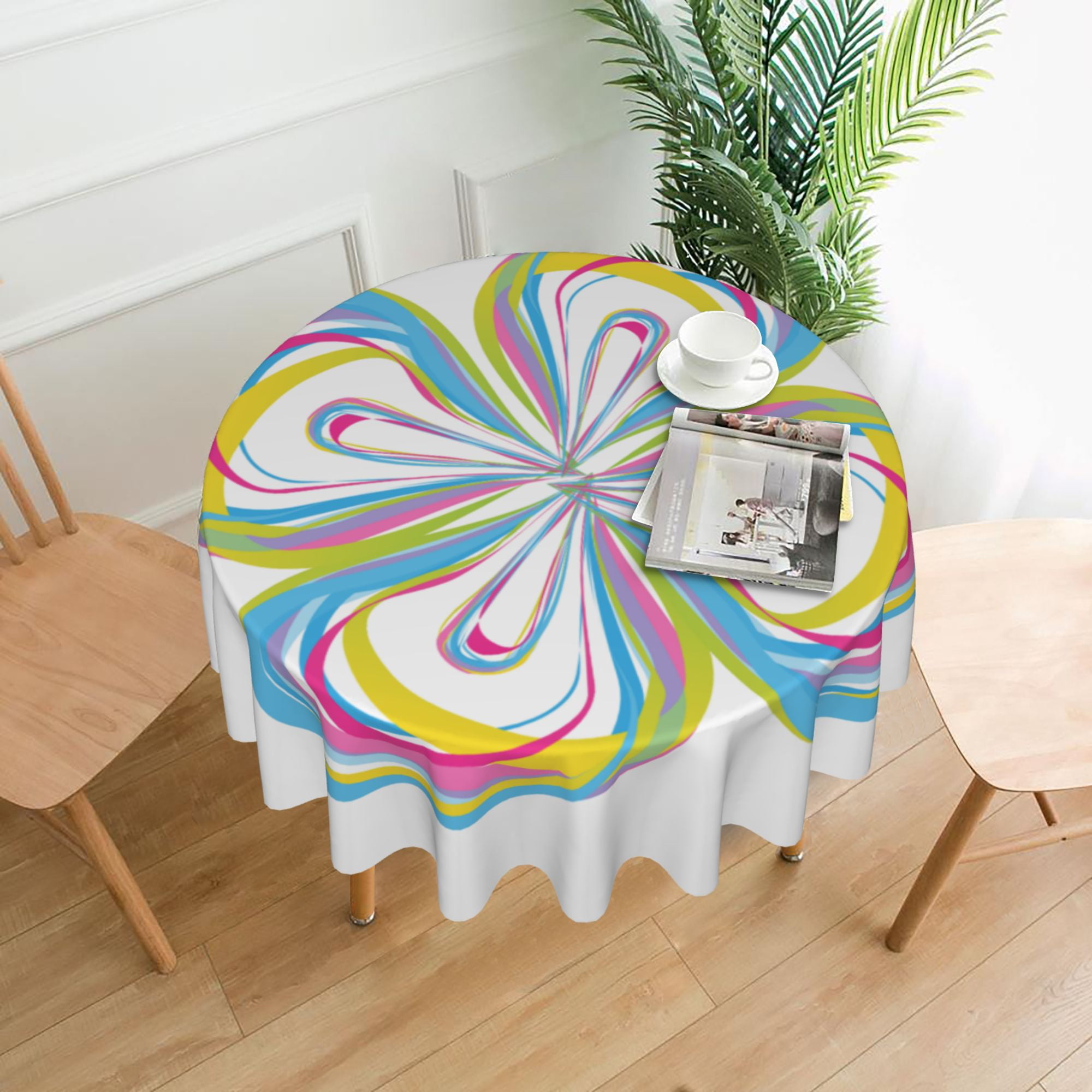 YFYANG 60 inch Round Table Cloth, Reusable Polyester Abstract Line ...