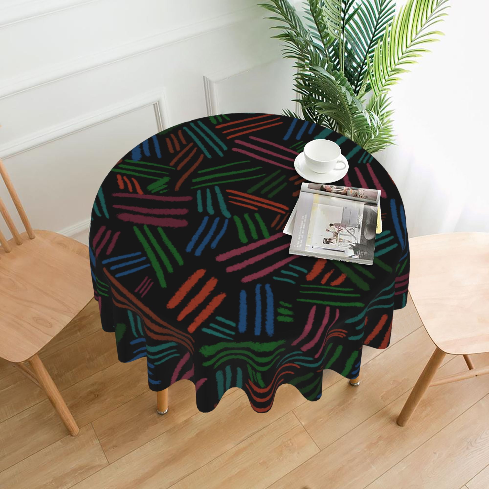 YFYANG 60 inch Round Table Cloth, Reusable Polyester Black Line Texture ...