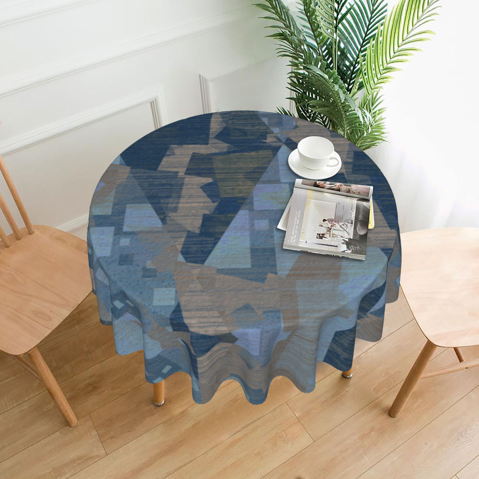 YFYANG 60 inch Round Table Cloth, Reusable Polyester Blue Abstract ...