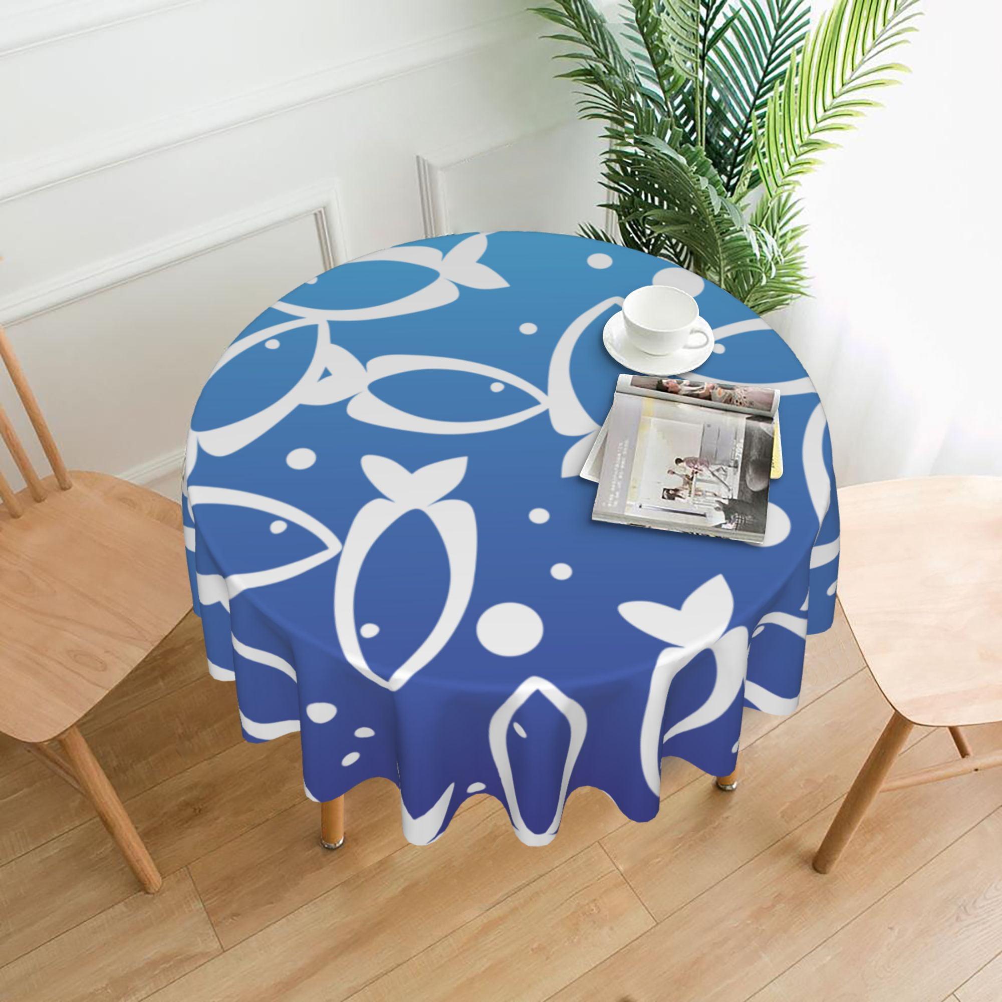 YFYANG 60 inch Round Table Cloth, Reusable Polyester Blue Fish Pattern ...