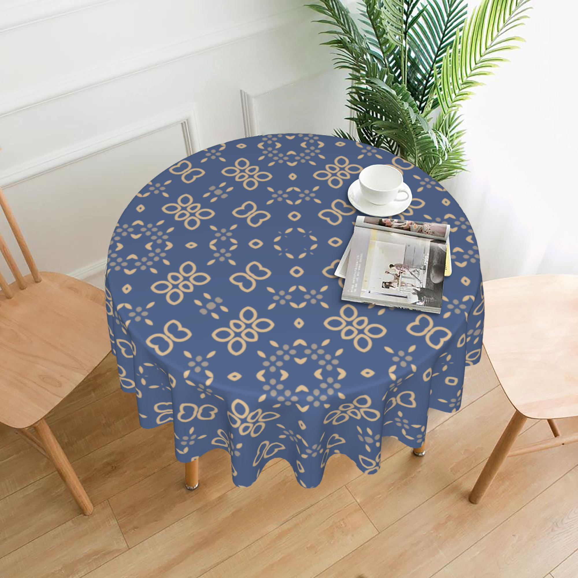 YFYANG 60 inch Round Table Cloth, Reusable Polyester Blue Floral ...