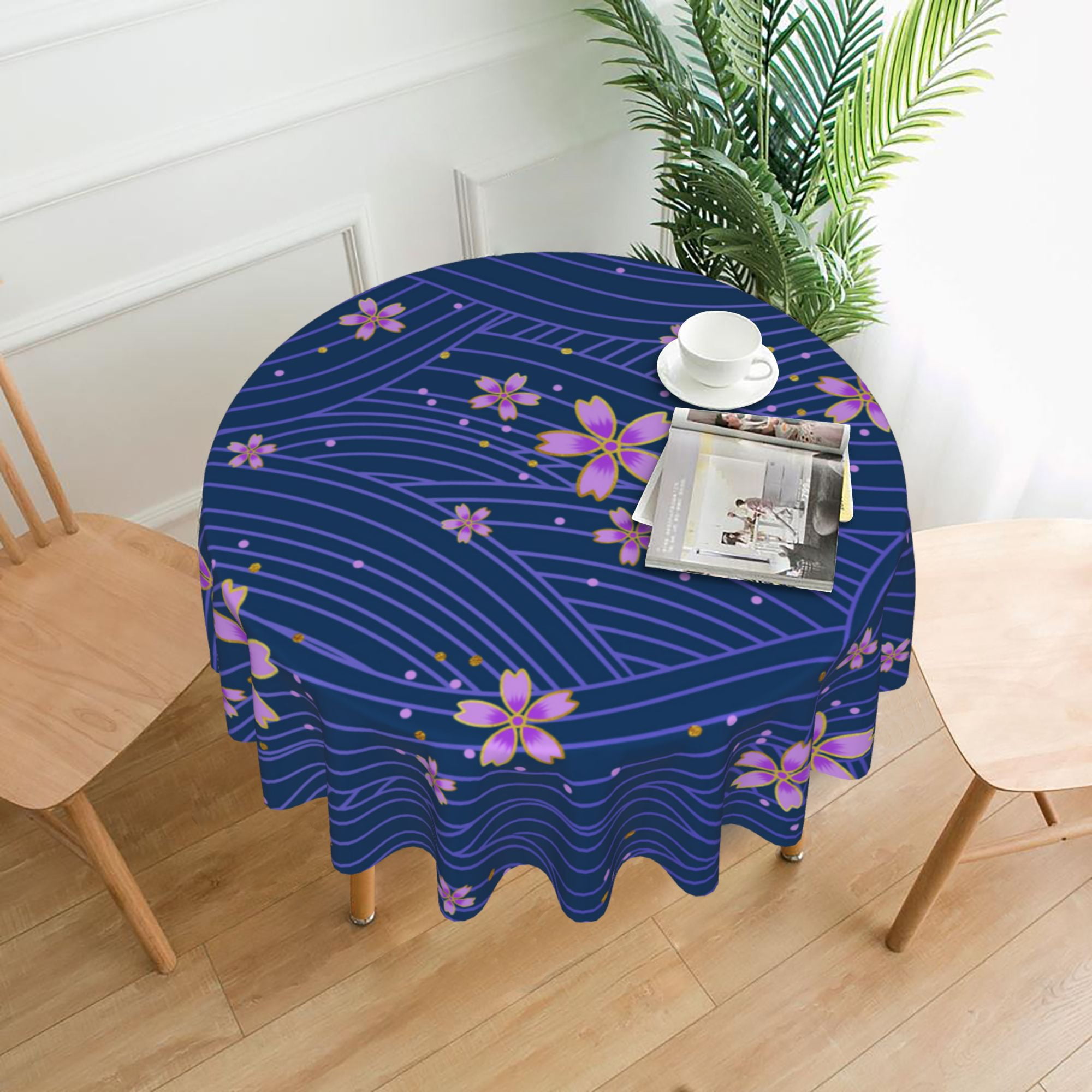 YFYANG 60 inch Round Table Cloth, Reusable Polyester Blue Line Floral ...