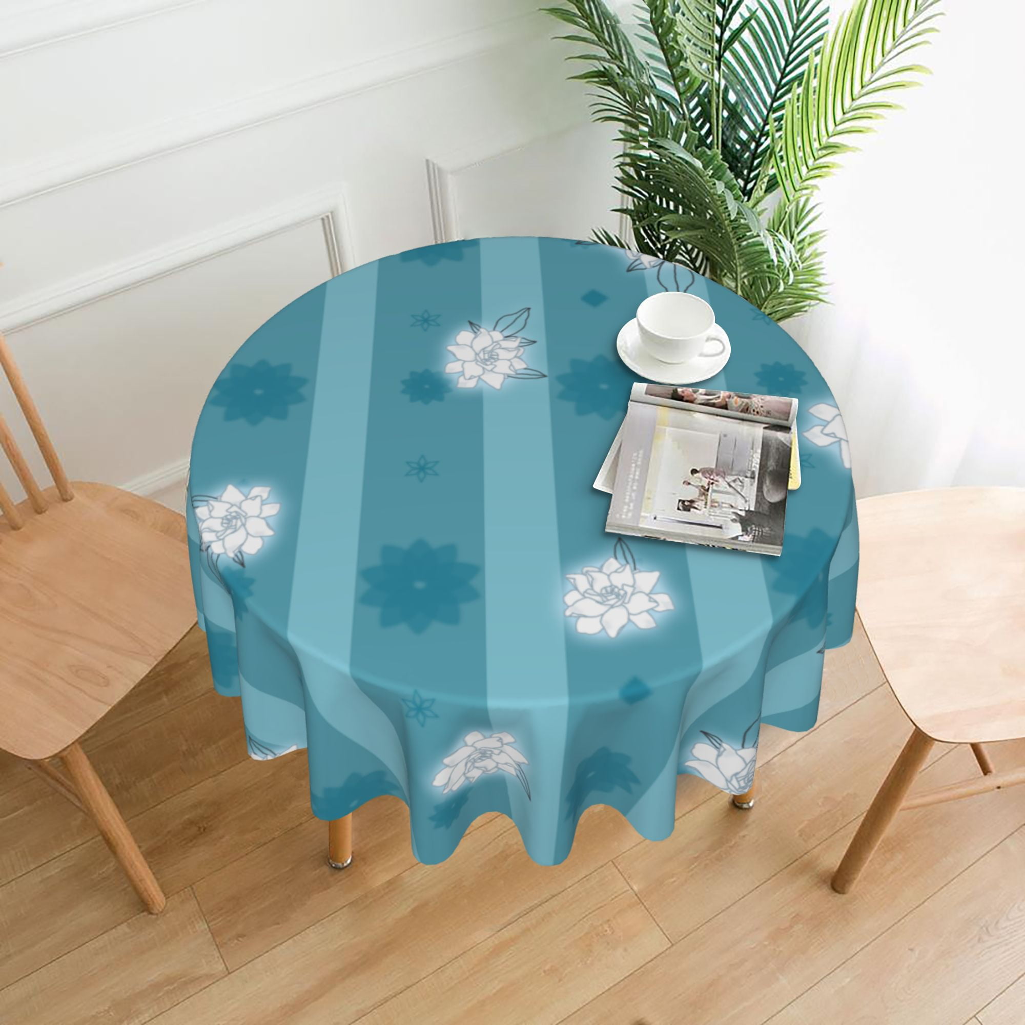 YFYANG 60 inch Round Table Cloth, Reusable Polyester Blue Striped ...