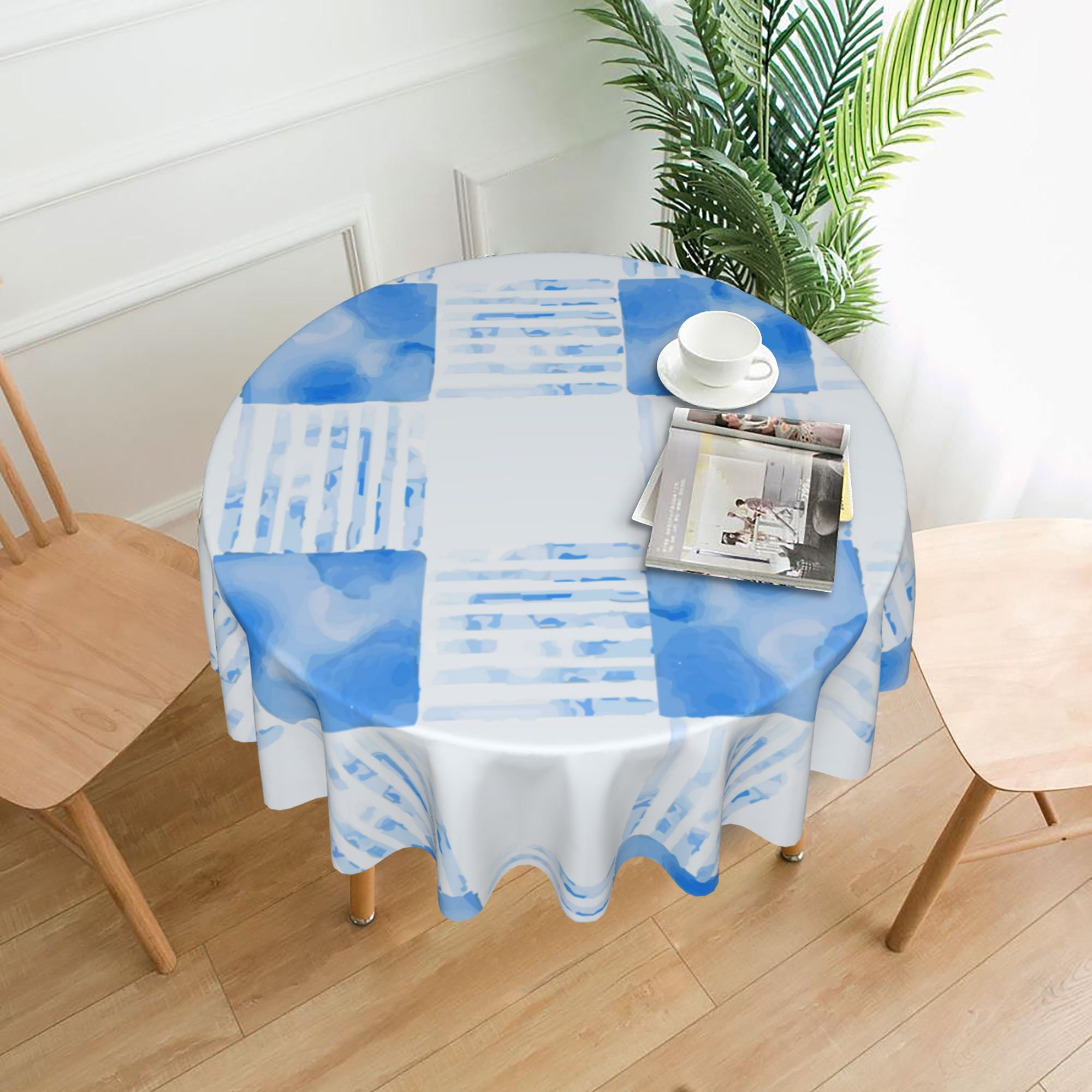 YFYANG 60 inch Round Table Cloth, Reusable Polyester Blue Watercolor ...