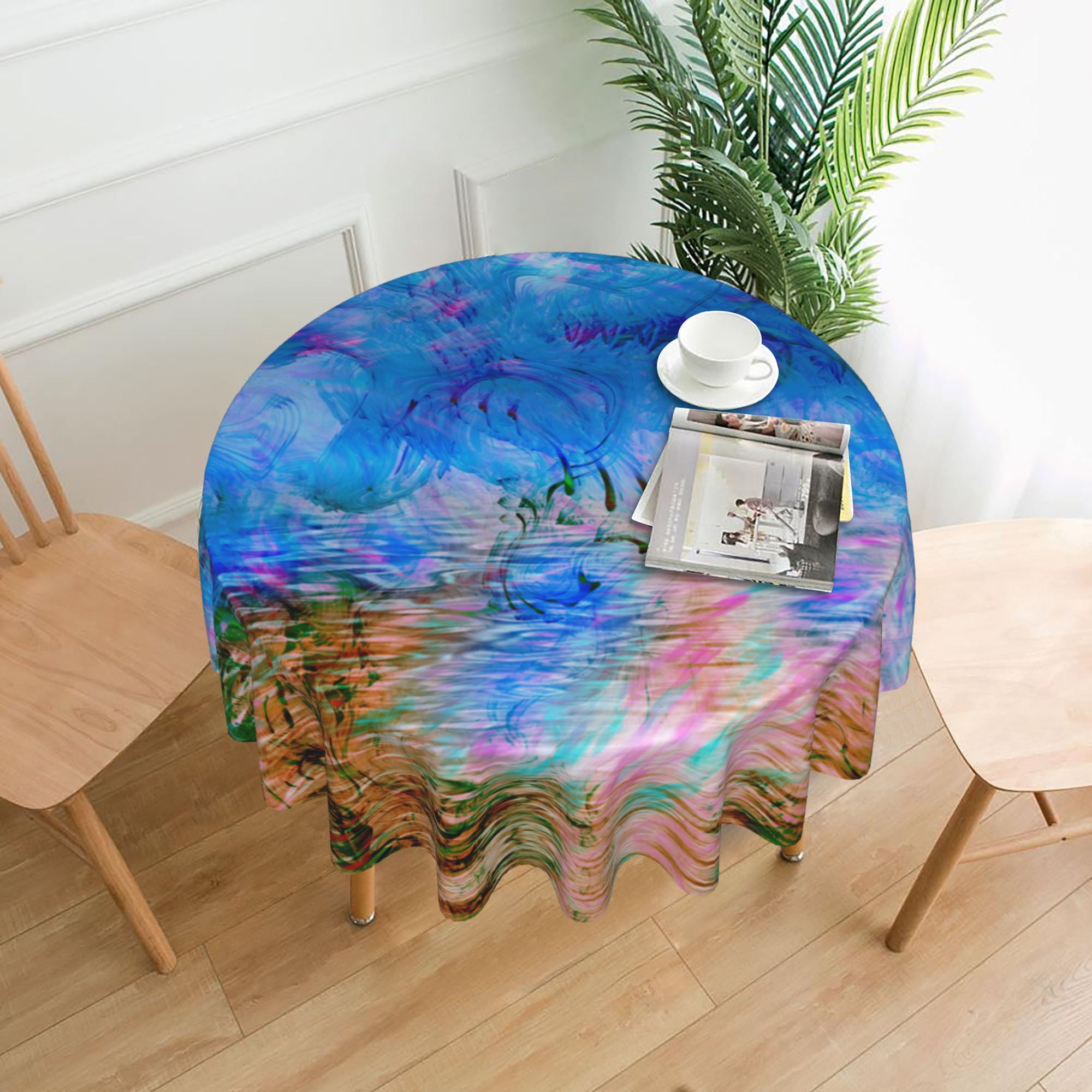 YFYANG 60 inch Round Table Cloth, Reusable Polyester Blue Watercolor ...