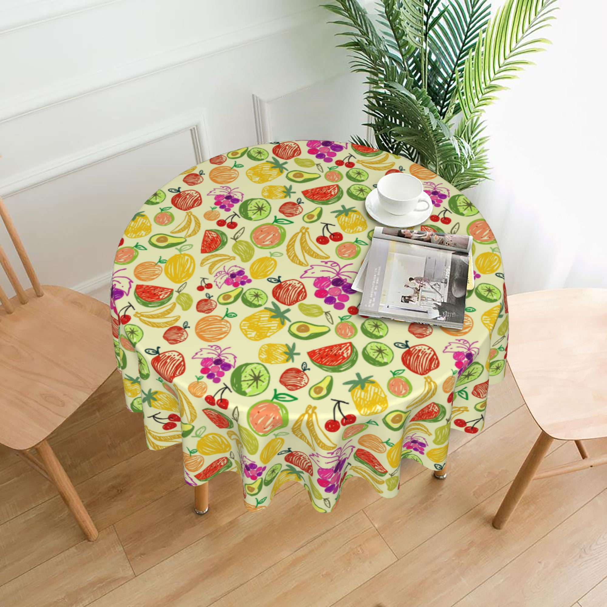YFYANG 60 inch Round Table Cloth, Reusable Polyester Cartoon Fruit ...