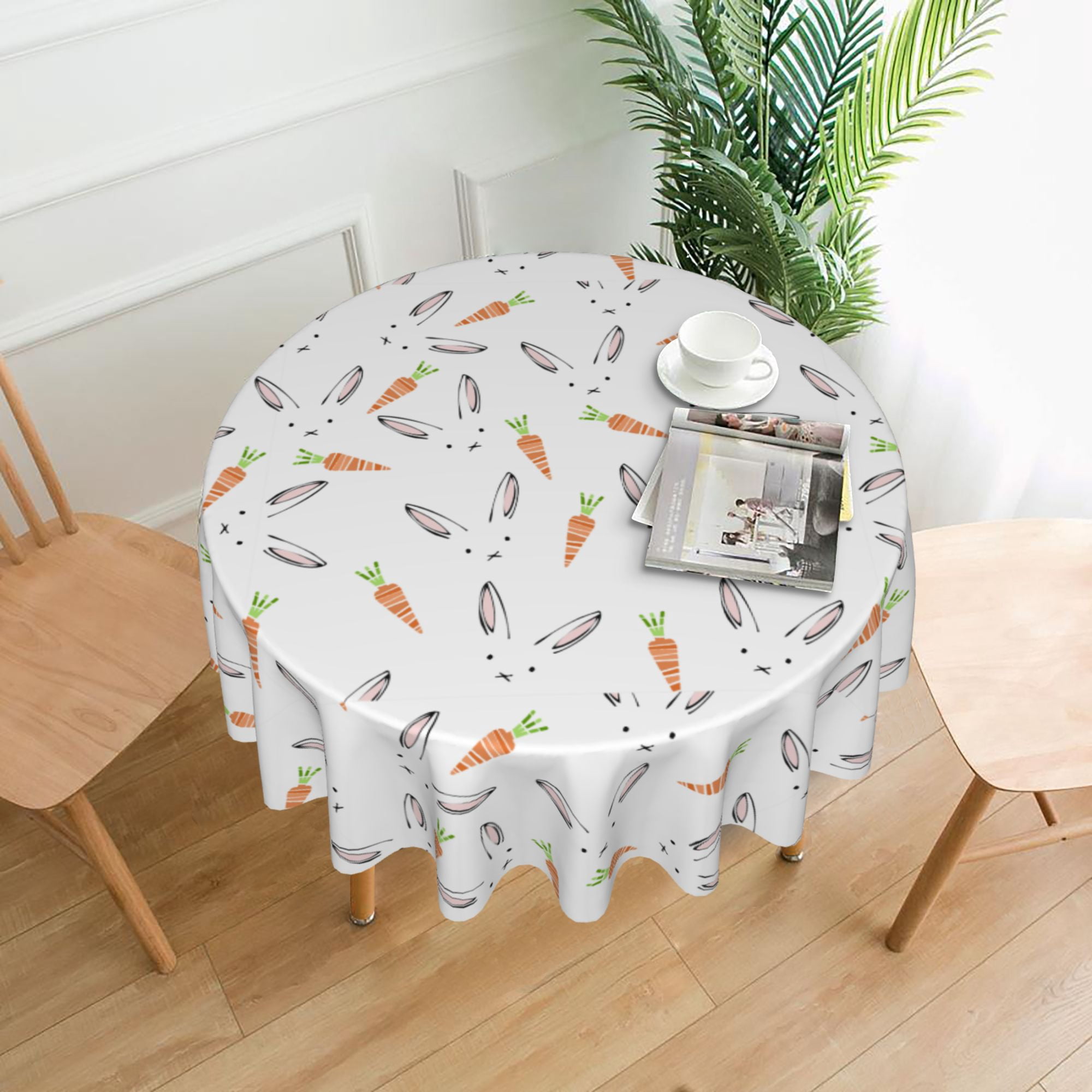 YFYANG 60 inch Round Table Cloth, Reusable Polyester Cute Rabbit Carrot ...