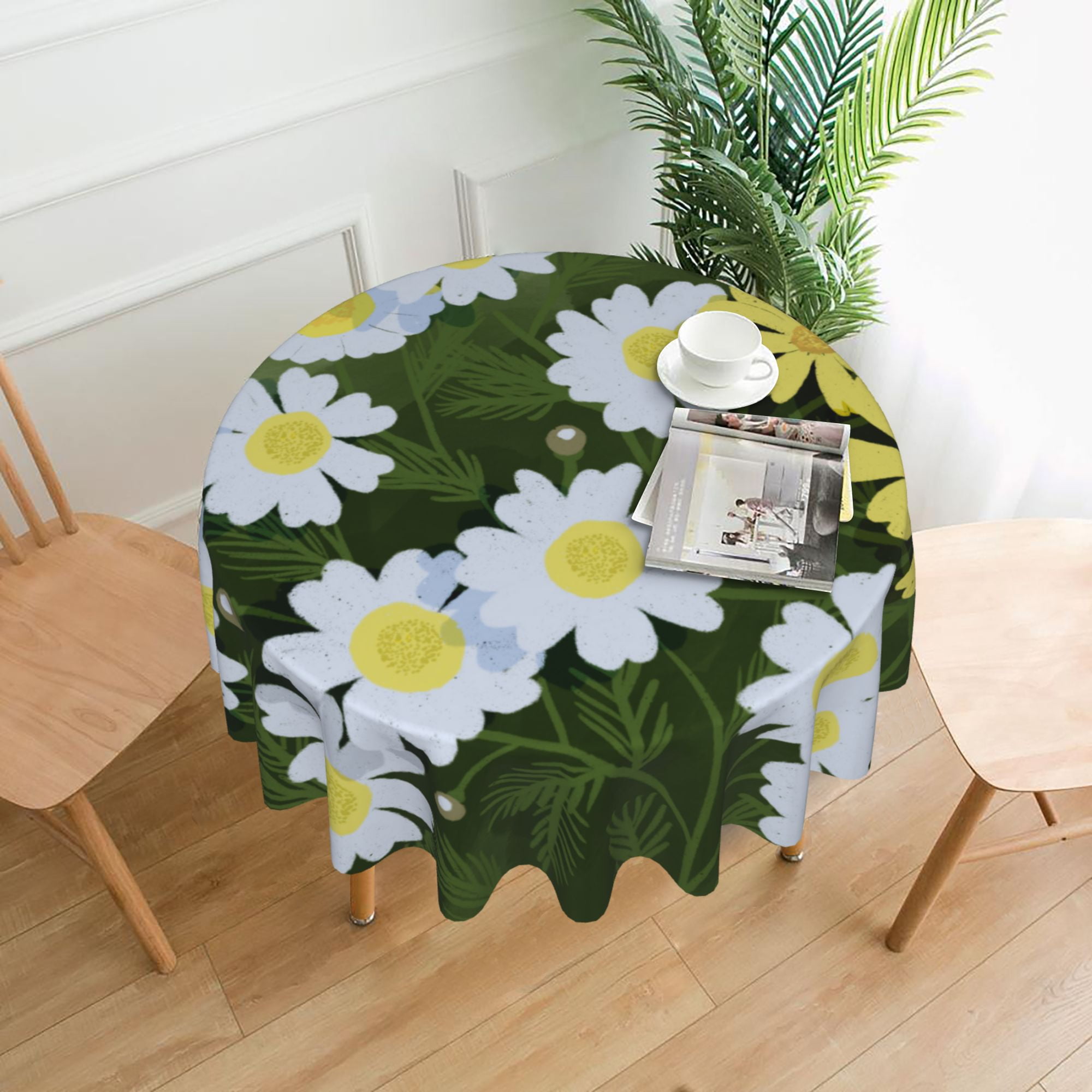 YFYANG 60 inch Round Table Cloth, Reusable Polyester Daisy Pattern ...
