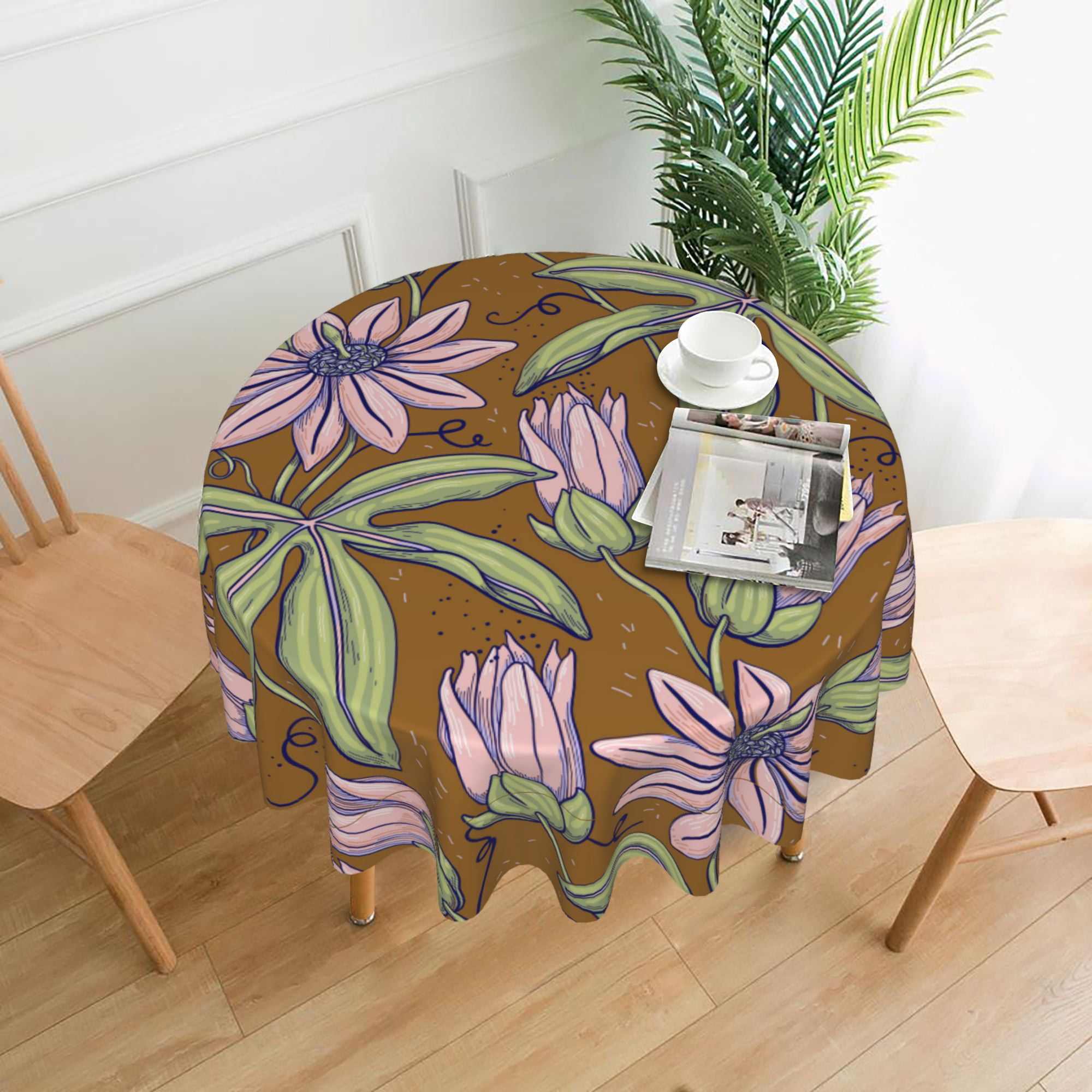 YFYANG 60 inch Round Table Cloth, Reusable Polyester Floral Art ...