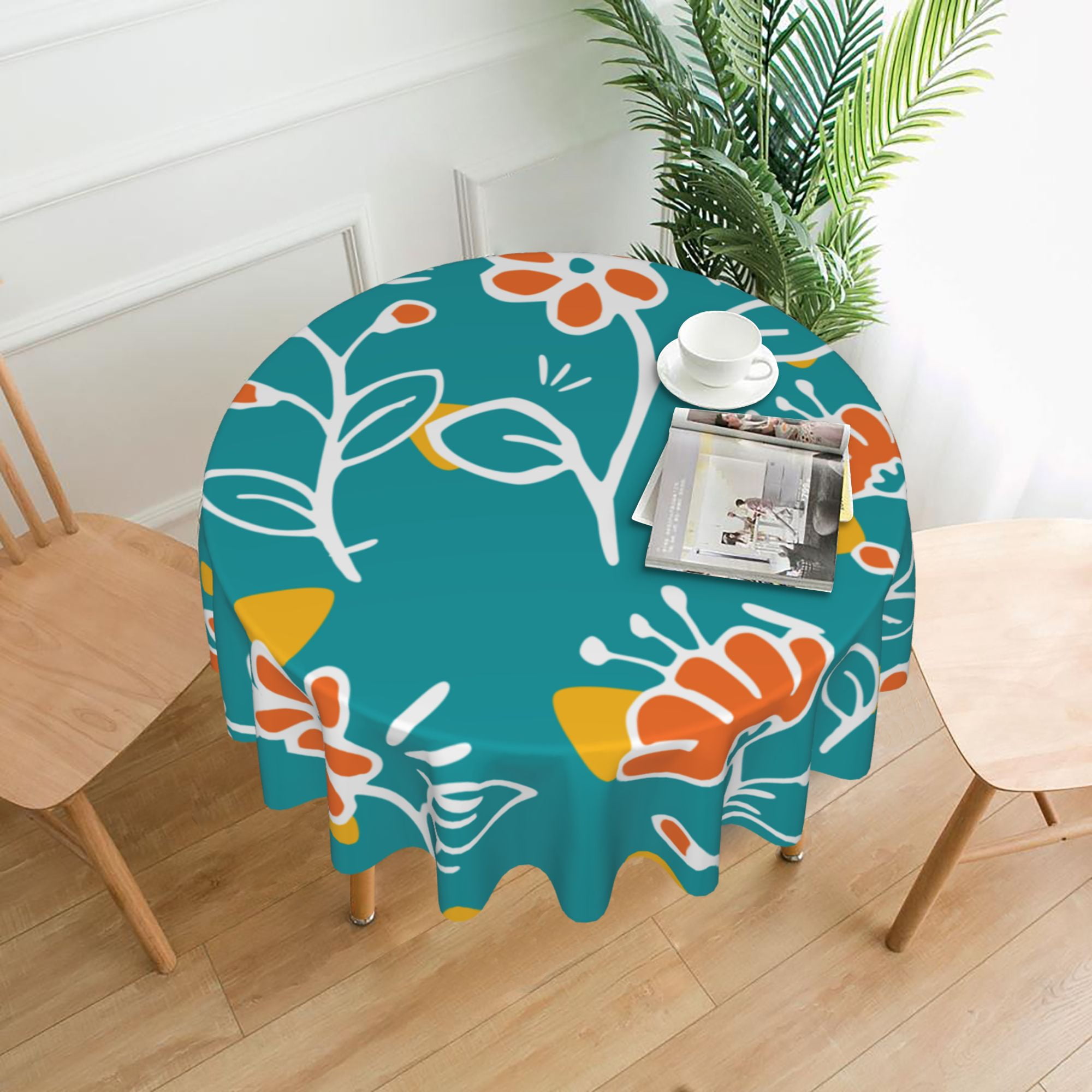 YFYANG 60 inch Round Table Cloth, Reusable Polyester Green Flower ...