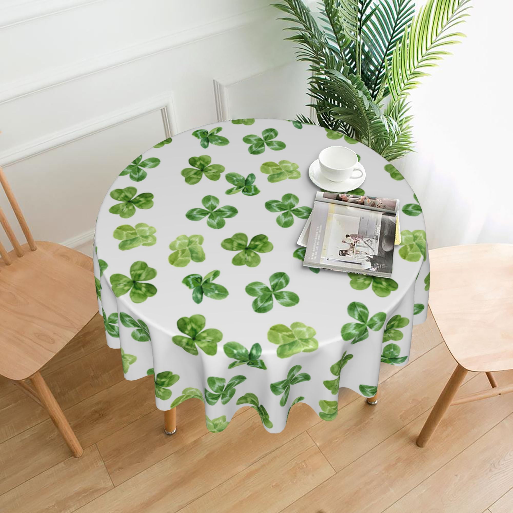 YFYANG 60 inch Round Table Cloth, Reusable Polyester Green Four Leaf ...