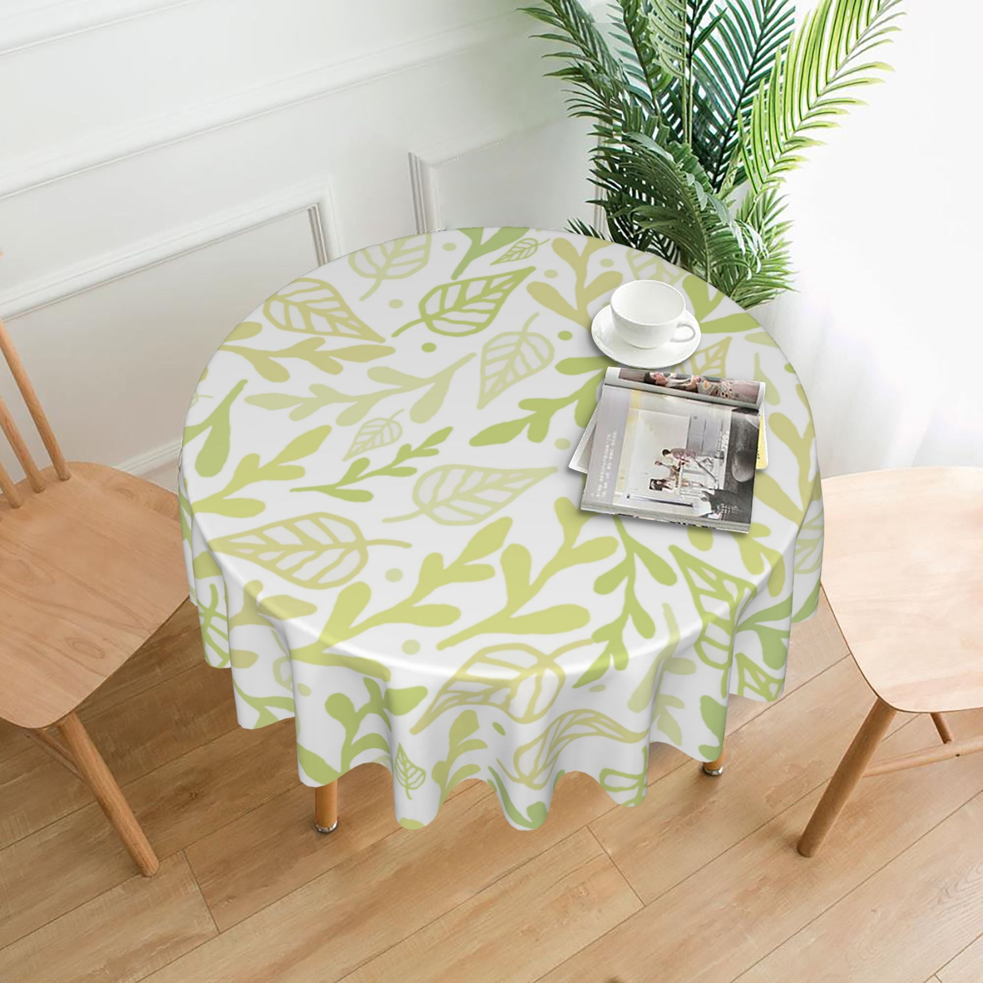 YFYANG 60 inch Round Table Cloth, Reusable Polyester Green Leaf ...