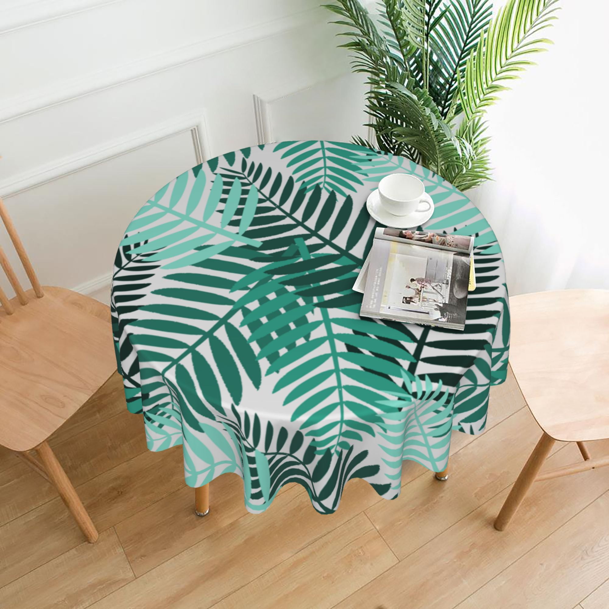 YFYANG 60 inch Round Table Cloth, Reusable Polyester Green Leaf Texture ...