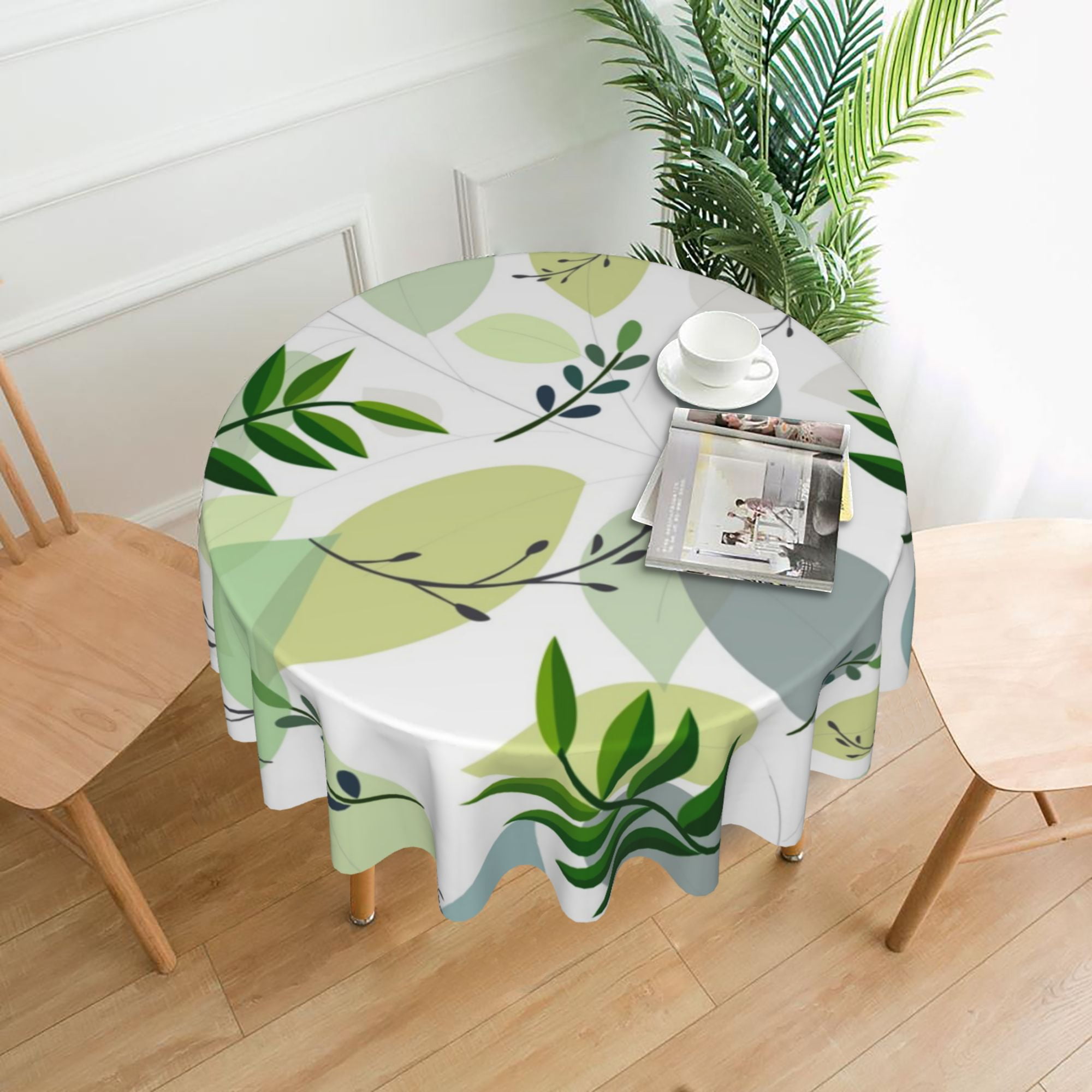 YFYANG 60 inch Round Table Cloth, Reusable Polyester Green Leaf Texture ...