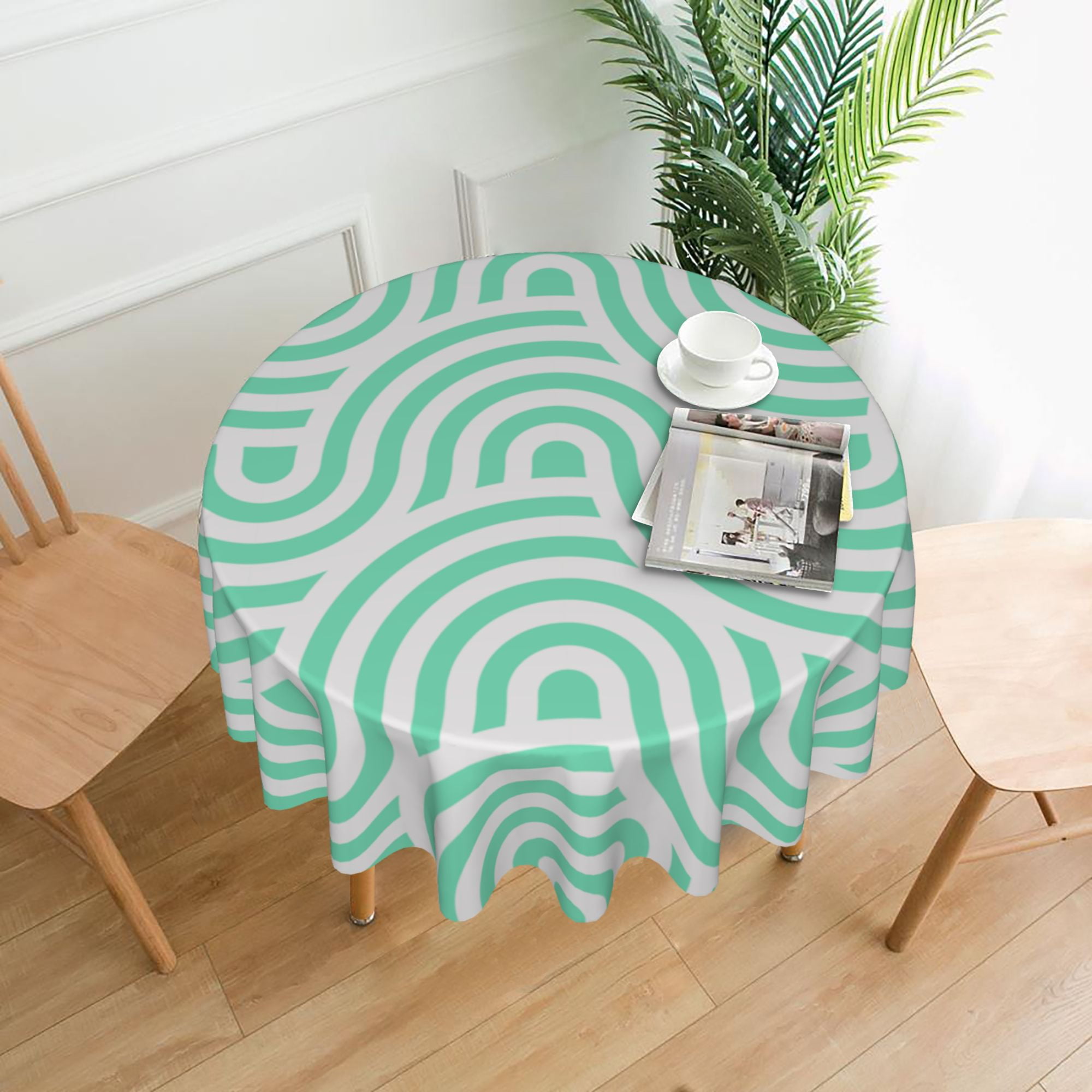 YFYANG 60 inch Round Table Cloth, Reusable Polyester Green Line Art ...