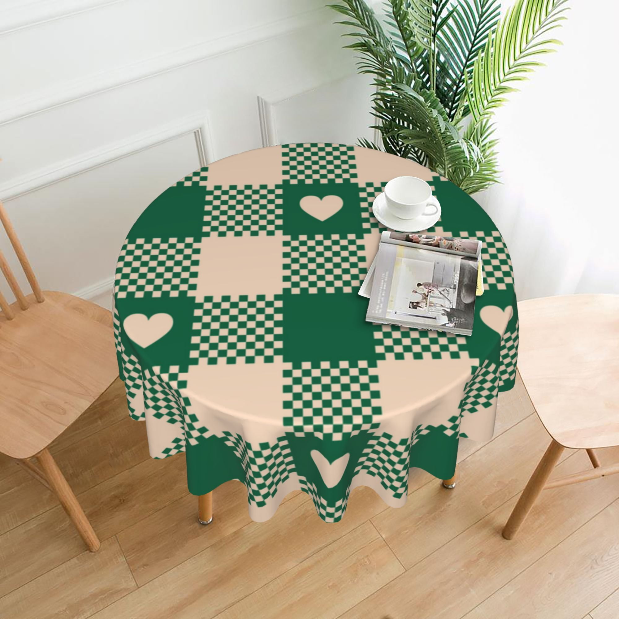 YFYANG 60 inch Round Table Cloth, Reusable Polyester Green Love Plaid ...