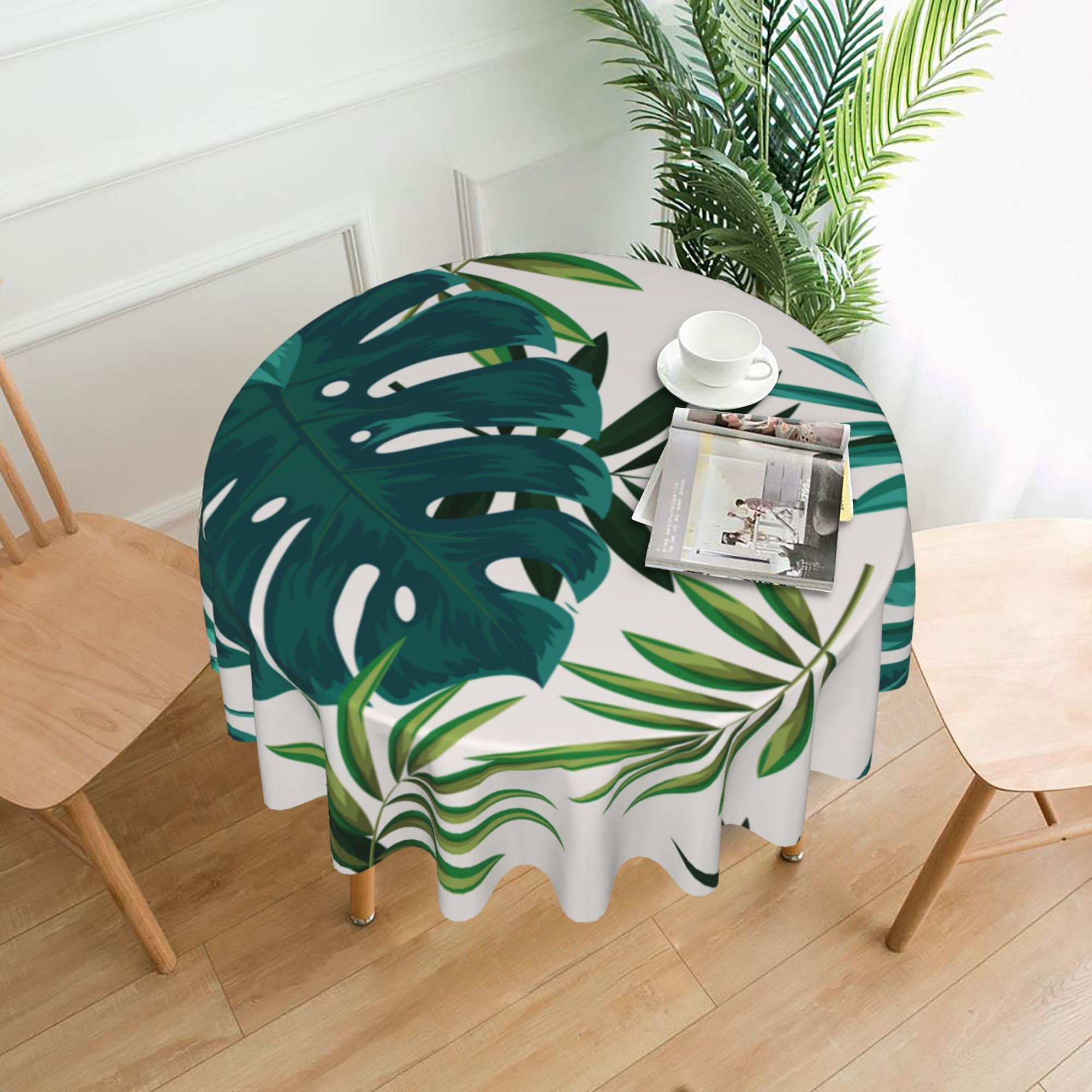 YFYANG 60 inch Round Table Cloth, Reusable Polyester Green Tropical ...