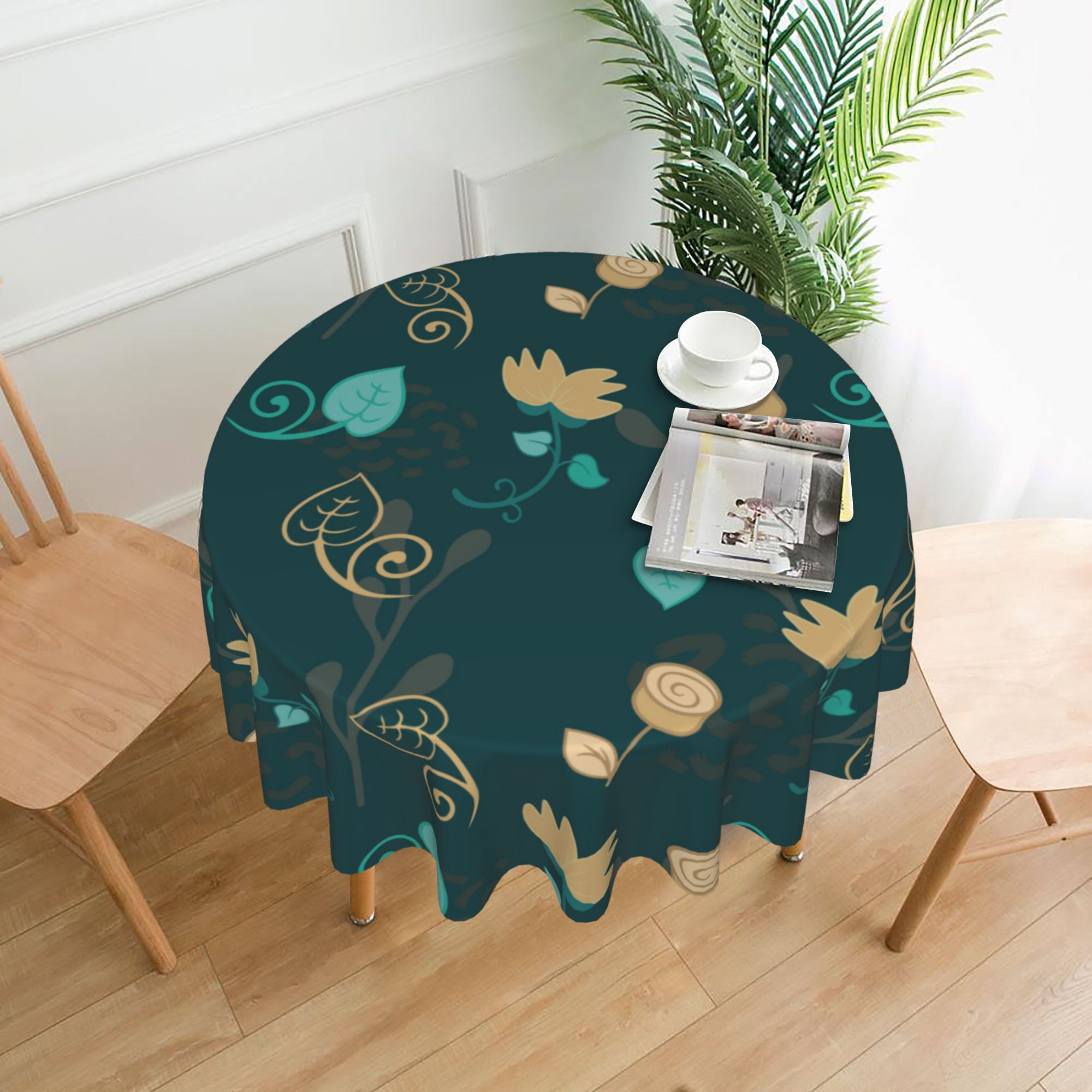 YFYANG 60 inch Round Table Cloth, Reusable Polyester Green Vintage ...