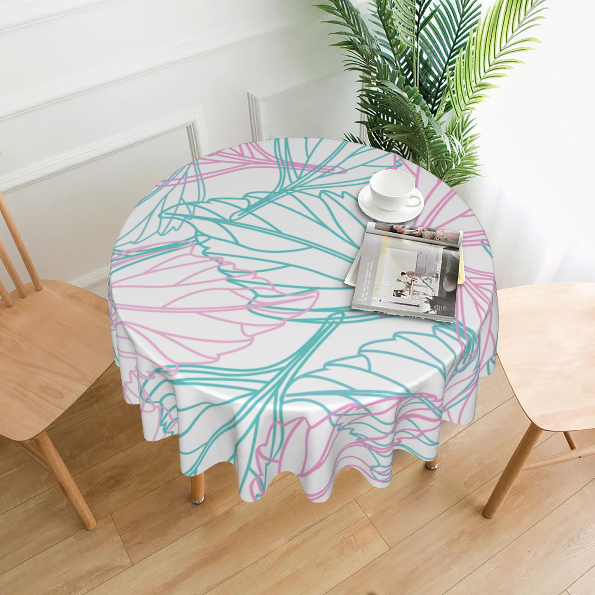 YFYANG 60 inch Round Table Cloth, Reusable Polyester Line Art Leaf ...