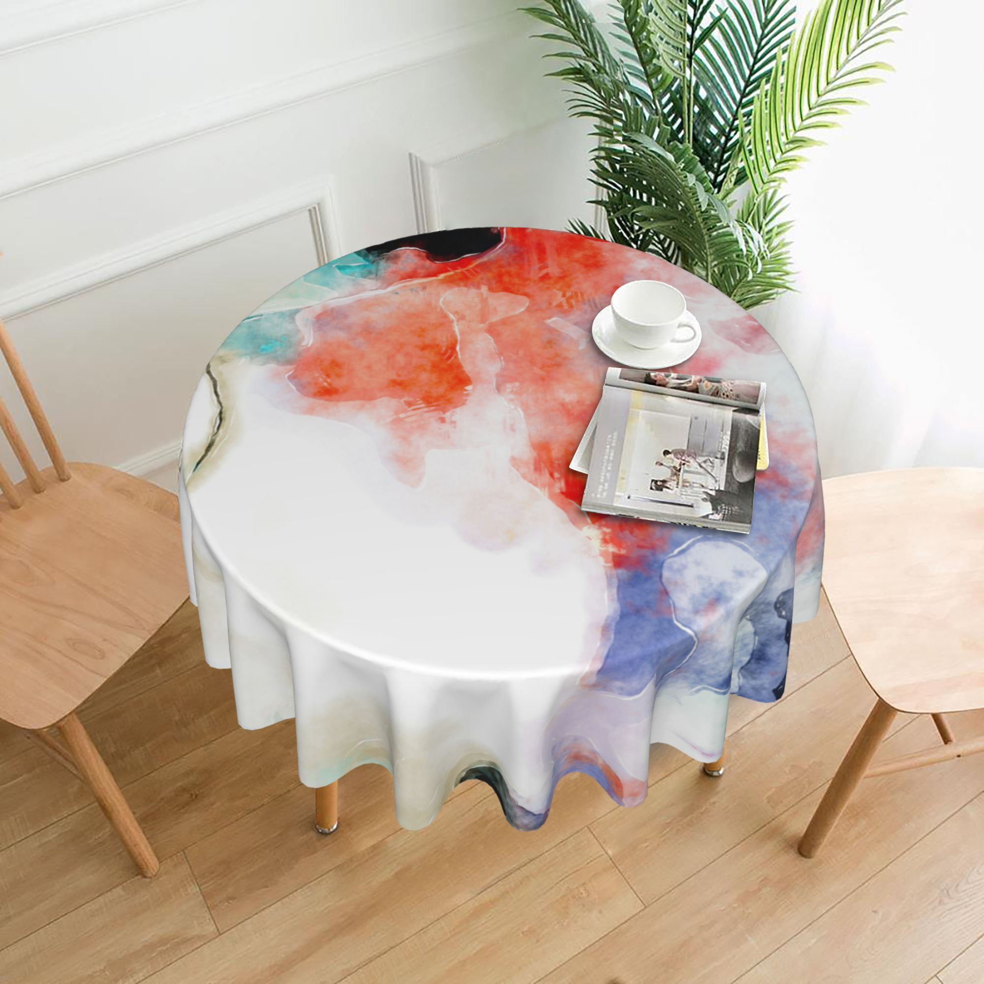 YFYANG 60 inch Round Table Cloth, Reusable Polyester Modern Watercolor ...