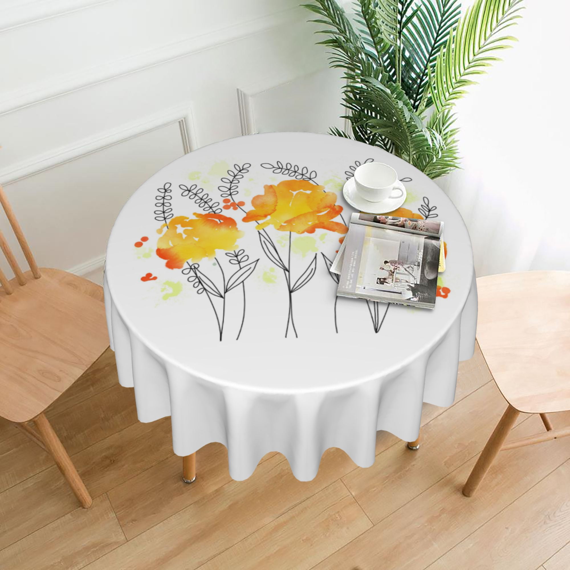 YFYANG 60 inch Round Table Cloth, Reusable Polyester Orange Watercolor ...