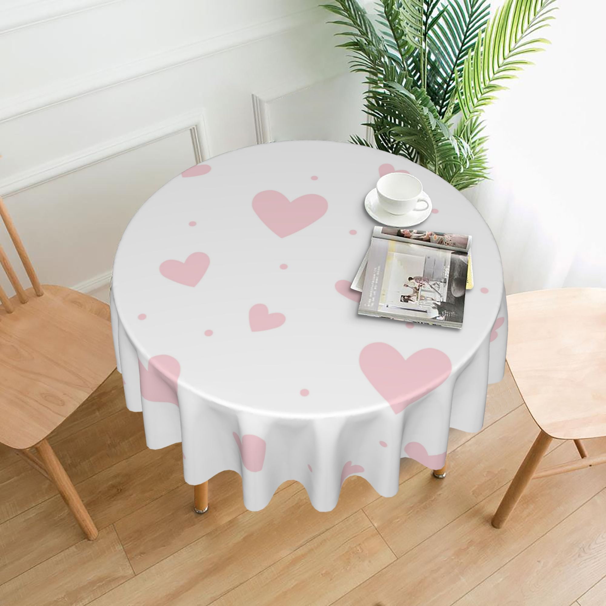 YFYANG 60 inch Round Table Cloth, Reusable Polyester Pink Cute Heart ...