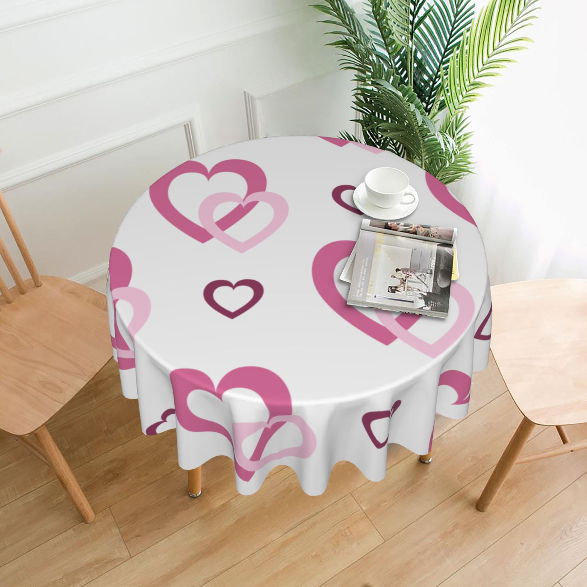 YFYANG 60 inch Round Table Cloth, Reusable Polyester Pink Love Design ...