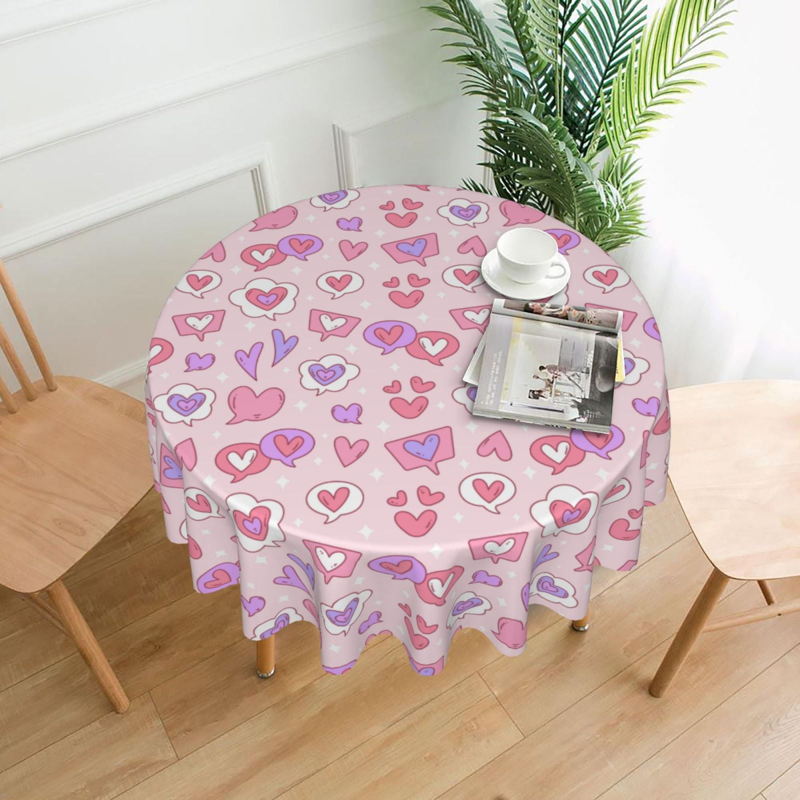 YFYANG 60 inch Round Table Cloth, Reusable Polyester Pink Sweet Heart ...