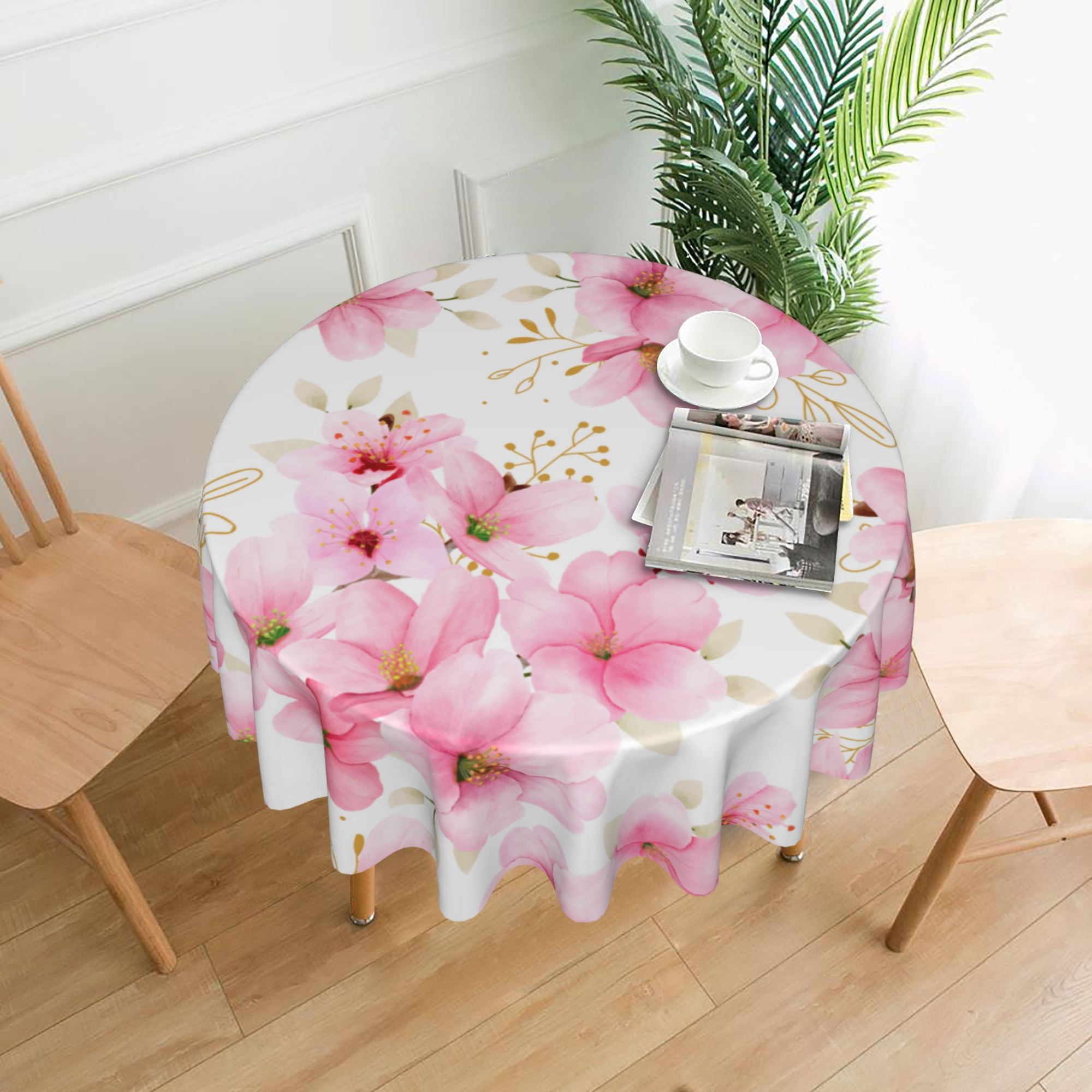 YFYANG 60 inch Round Table Cloth, Reusable Polyester Pink Watercolor ...