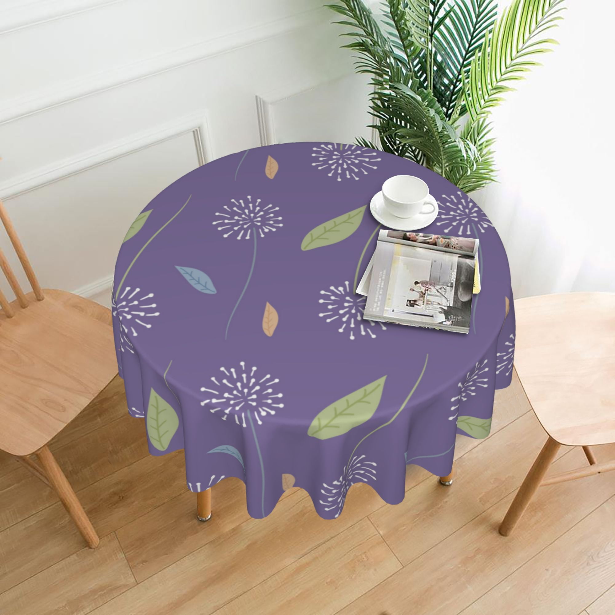 YFYANG 60 inch Round Table Cloth, Reusable Polyester Purple Dandelion ...