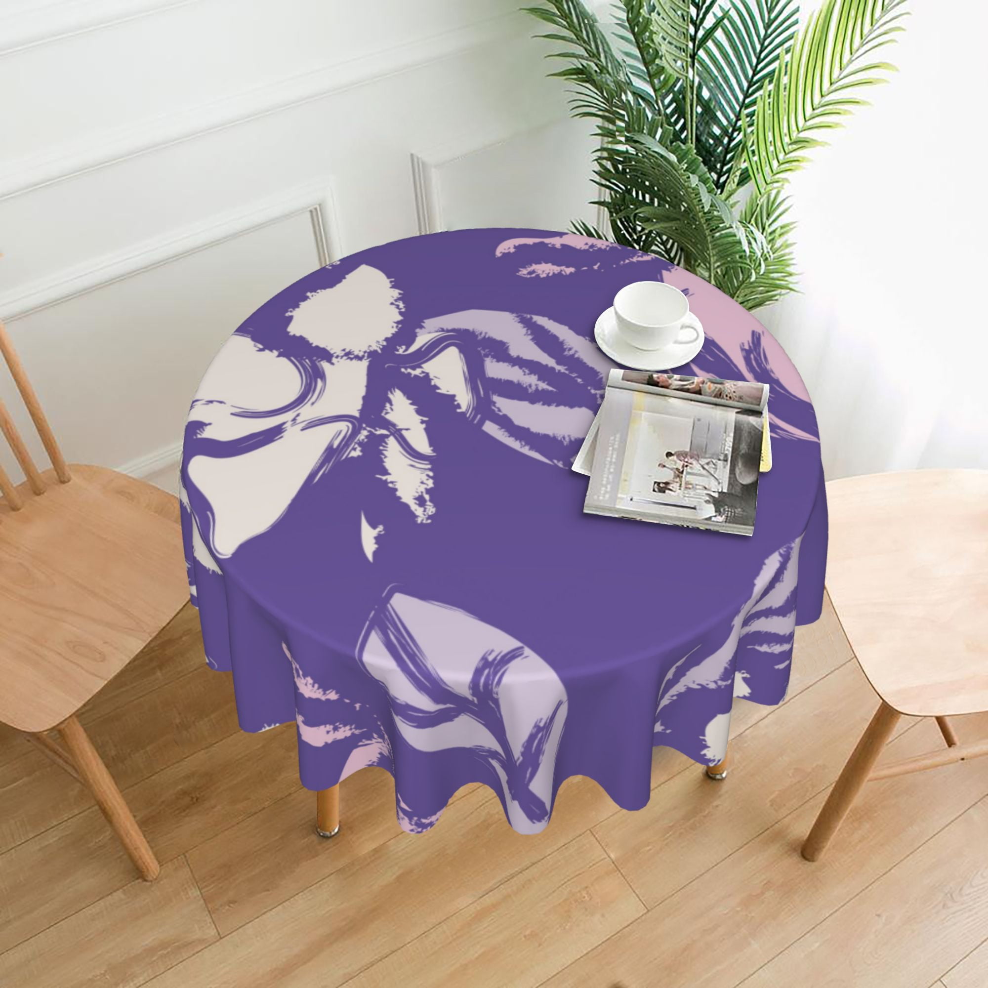 YFYANG 60 inch Round Table Cloth, Reusable Polyester Purple Flower Art ...