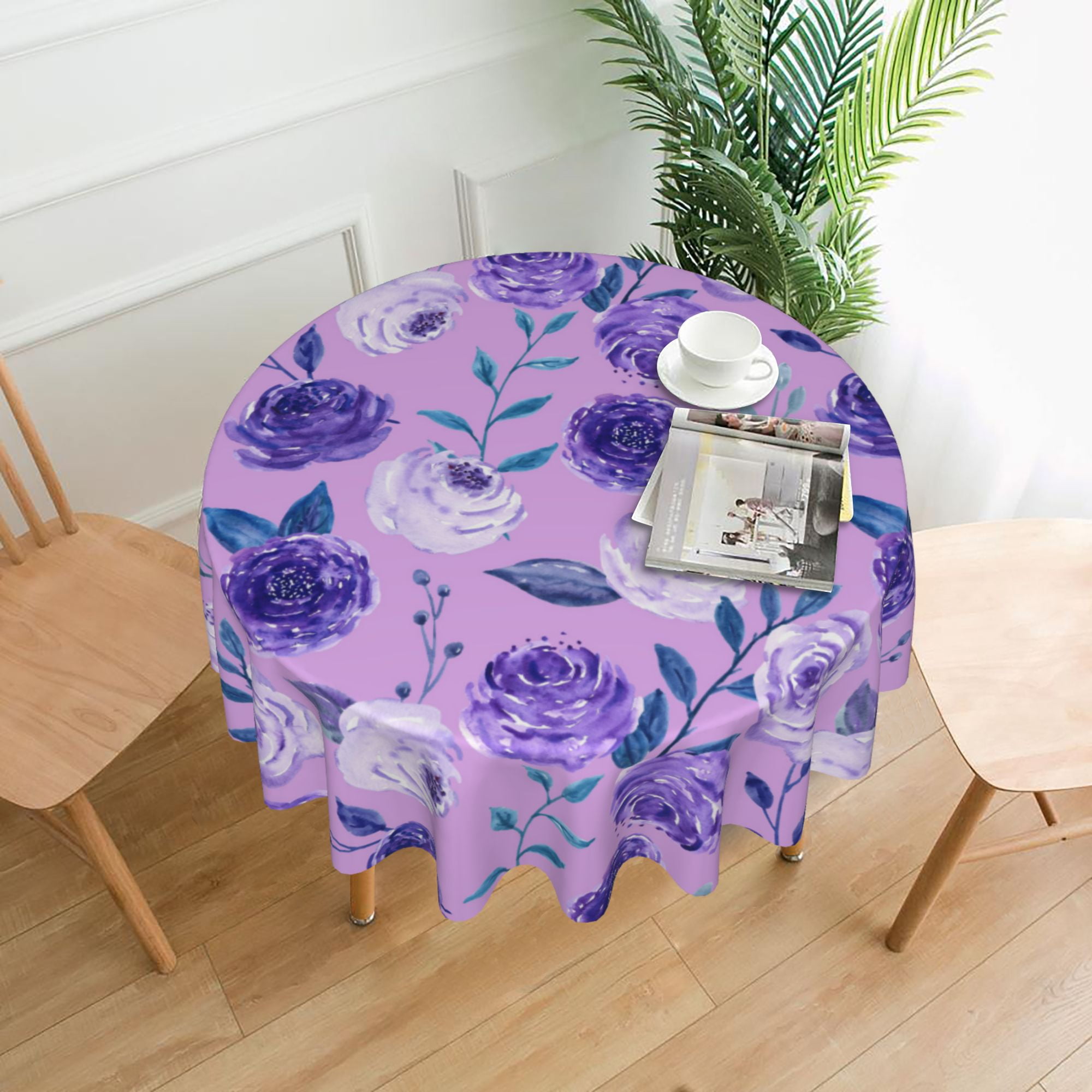 YFYANG 60 inch Round Table Cloth, Reusable Polyester Purple Watercolor ...