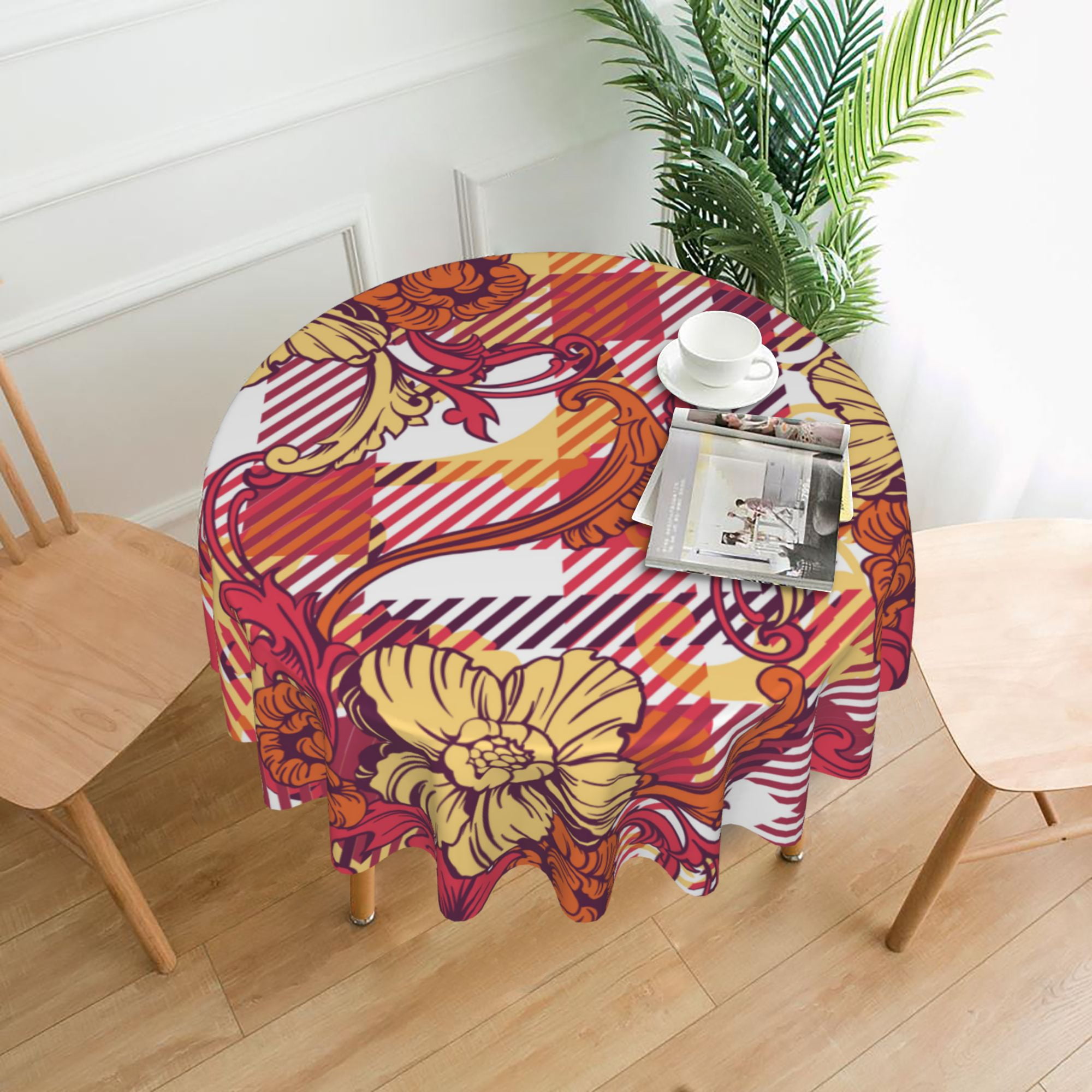 YFYANG 60 inch Round Table Cloth, Reusable Polyester Red Baroque Floral ...