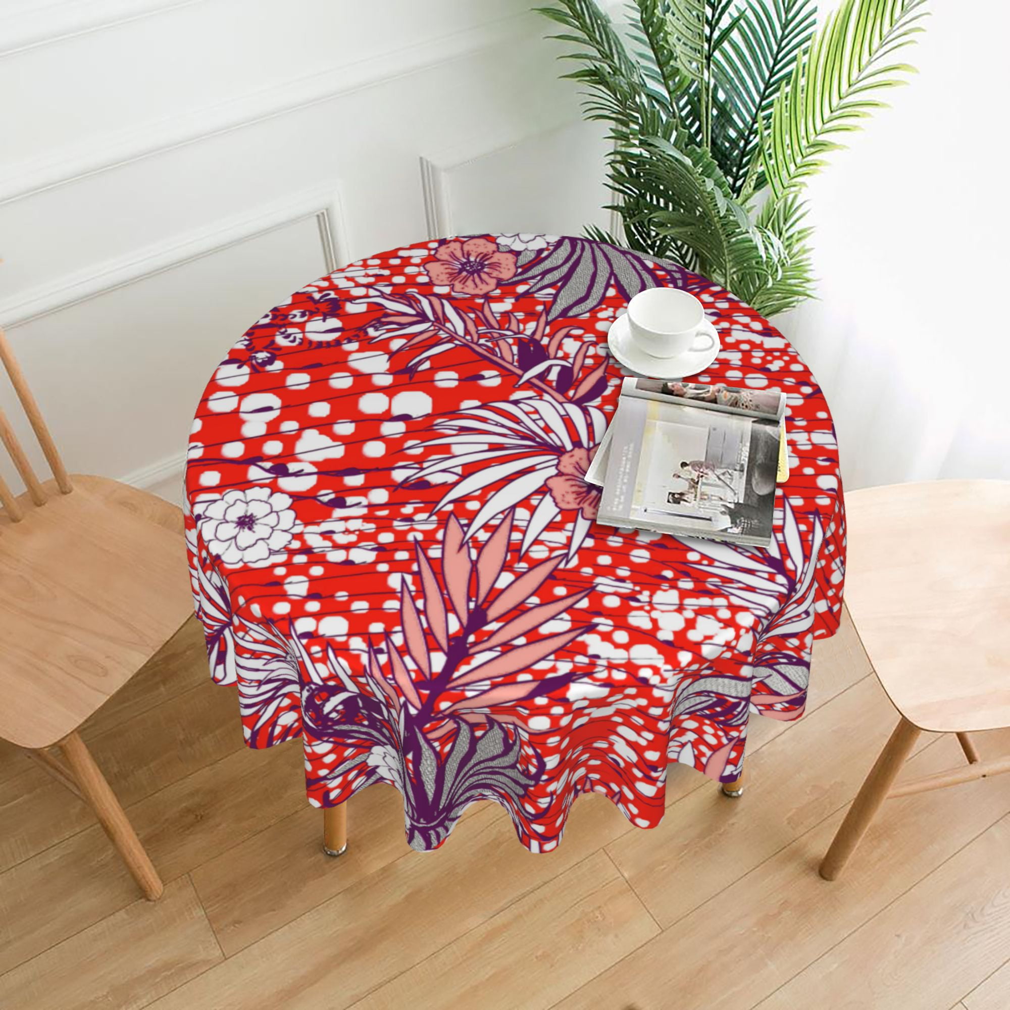 YFYANG 60 inch Round Table Cloth, Reusable Polyester Red Floral Line ...