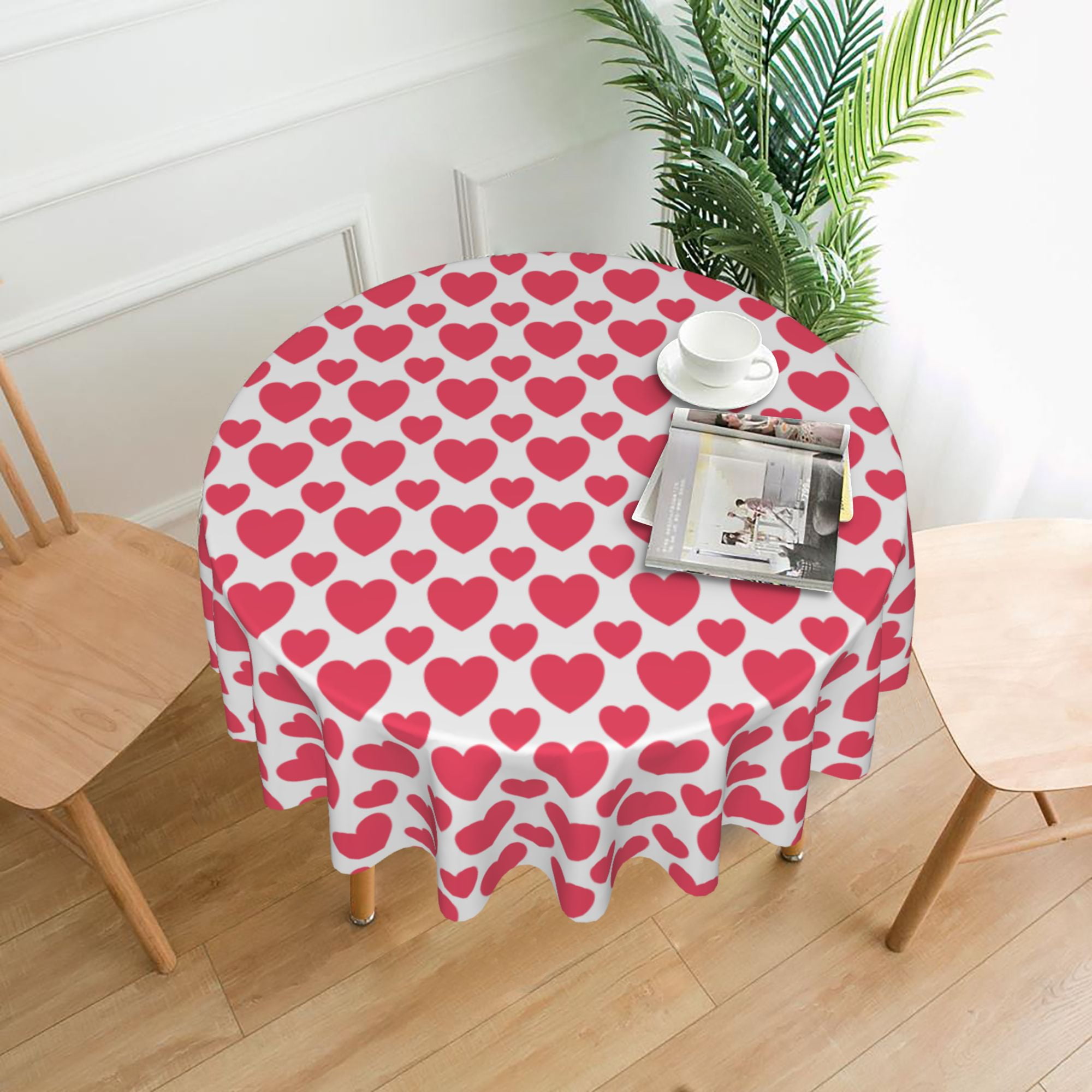 YFYANG 60 inch Round Table Cloth, Reusable Polyester Red Love Table ...