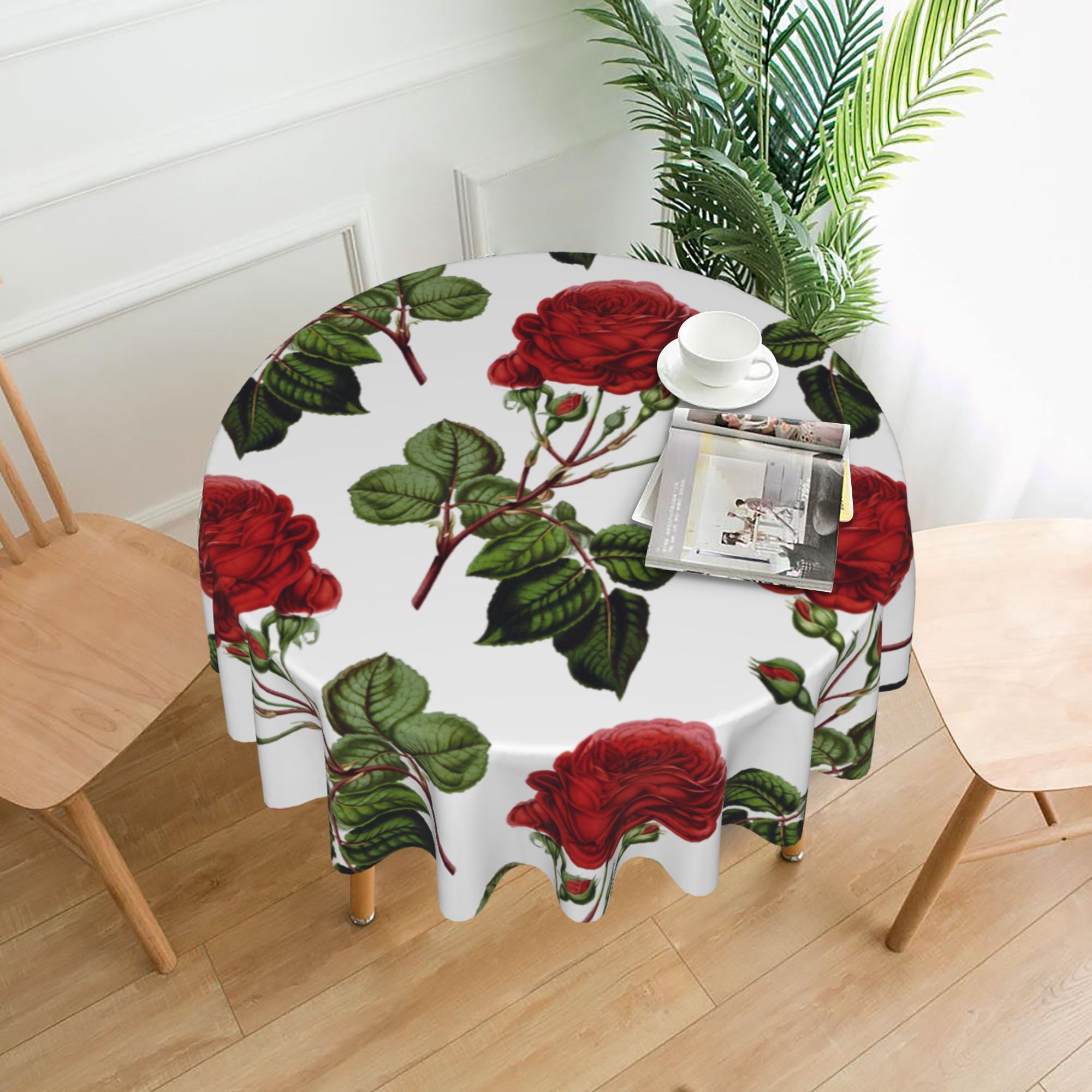 YFYANG 60 inch Round Table Cloth, Reusable Polyester Rose Pattern Table ...