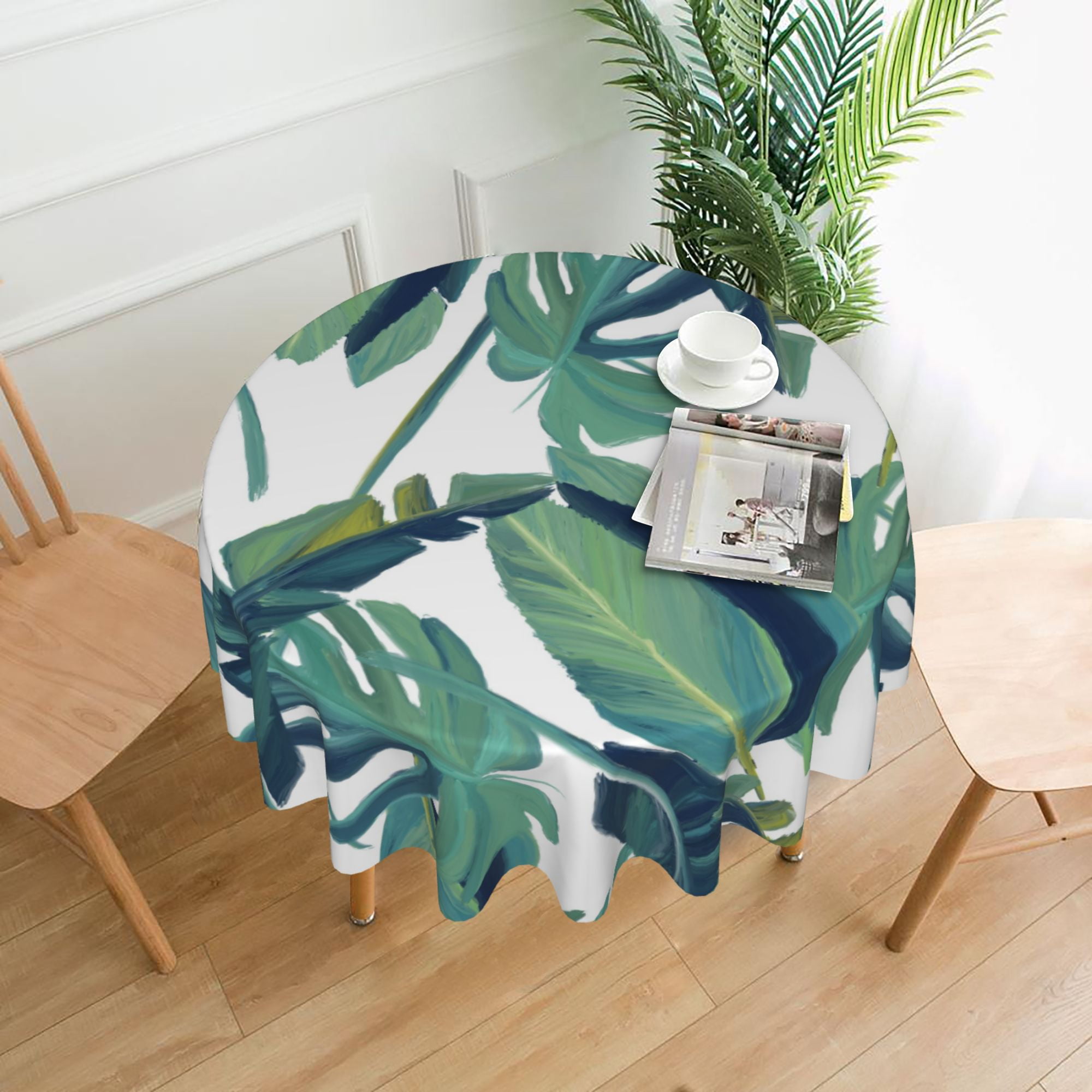 YFYANG 60 inch Round Table Cloth, Reusable Polyester Tropical Green ...