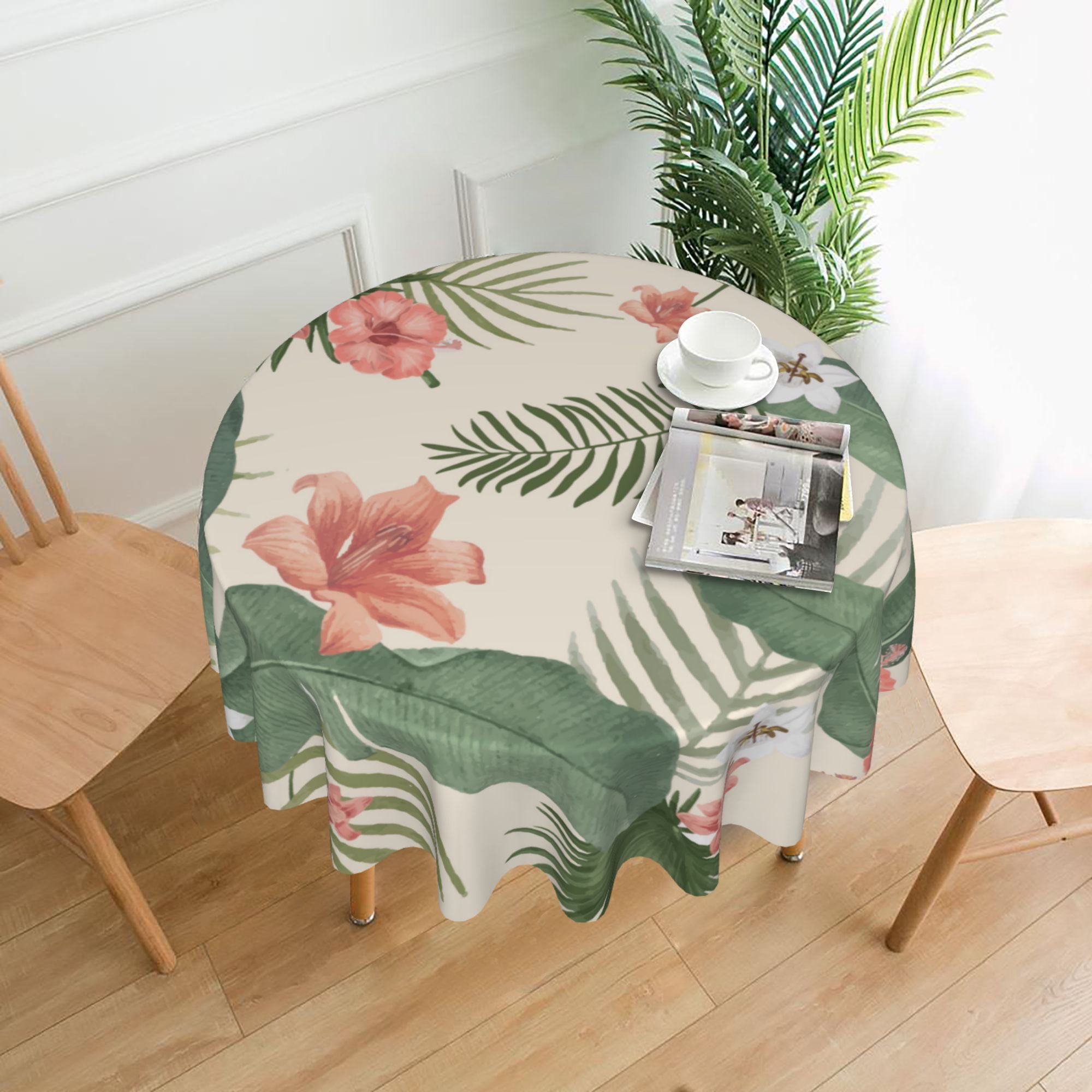YFYANG 60 inch Round Table Cloth, Reusable Polyester Tropical Plant ...