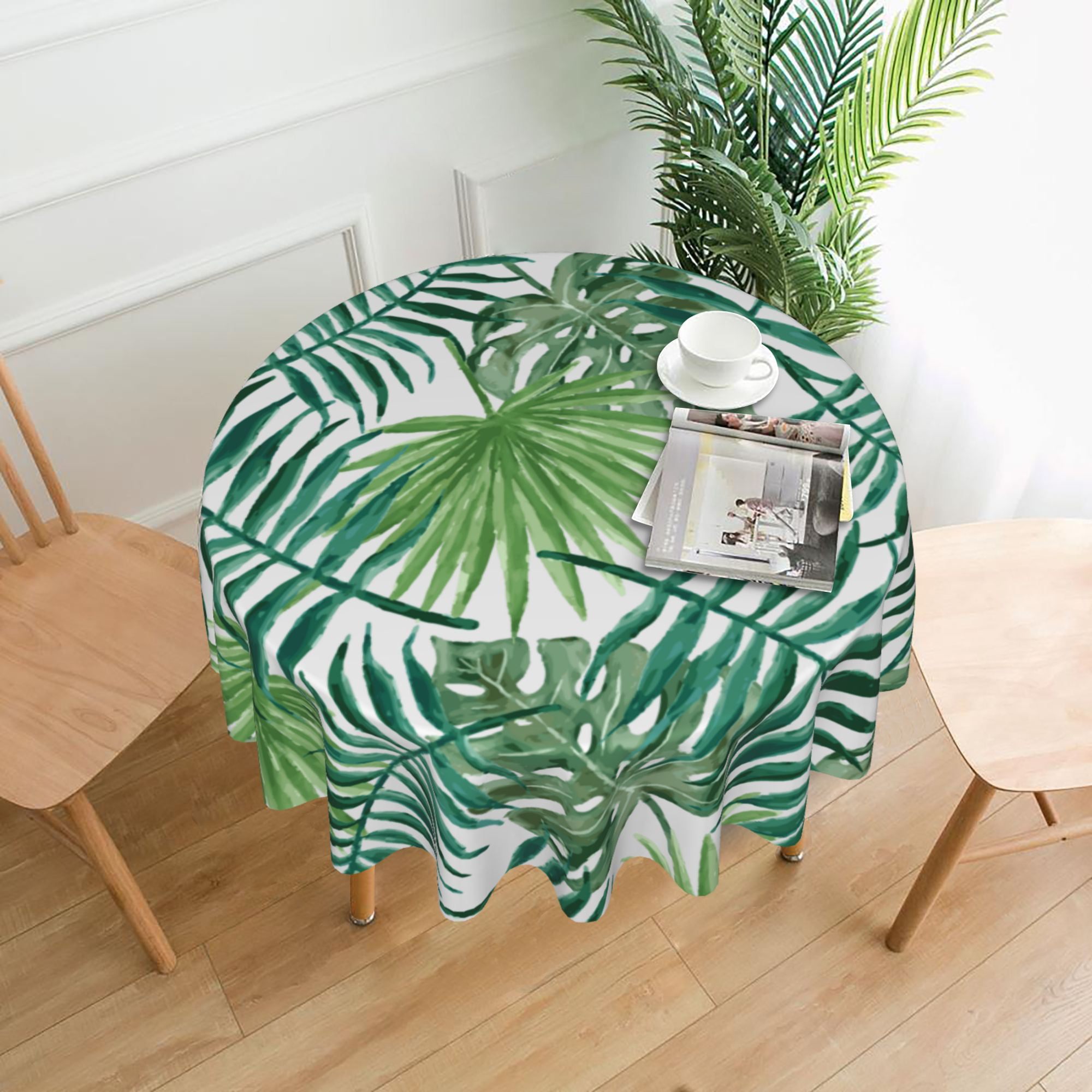 YFYANG 60 inch Round Table Cloth, Reusable Polyester Tropical Plant ...