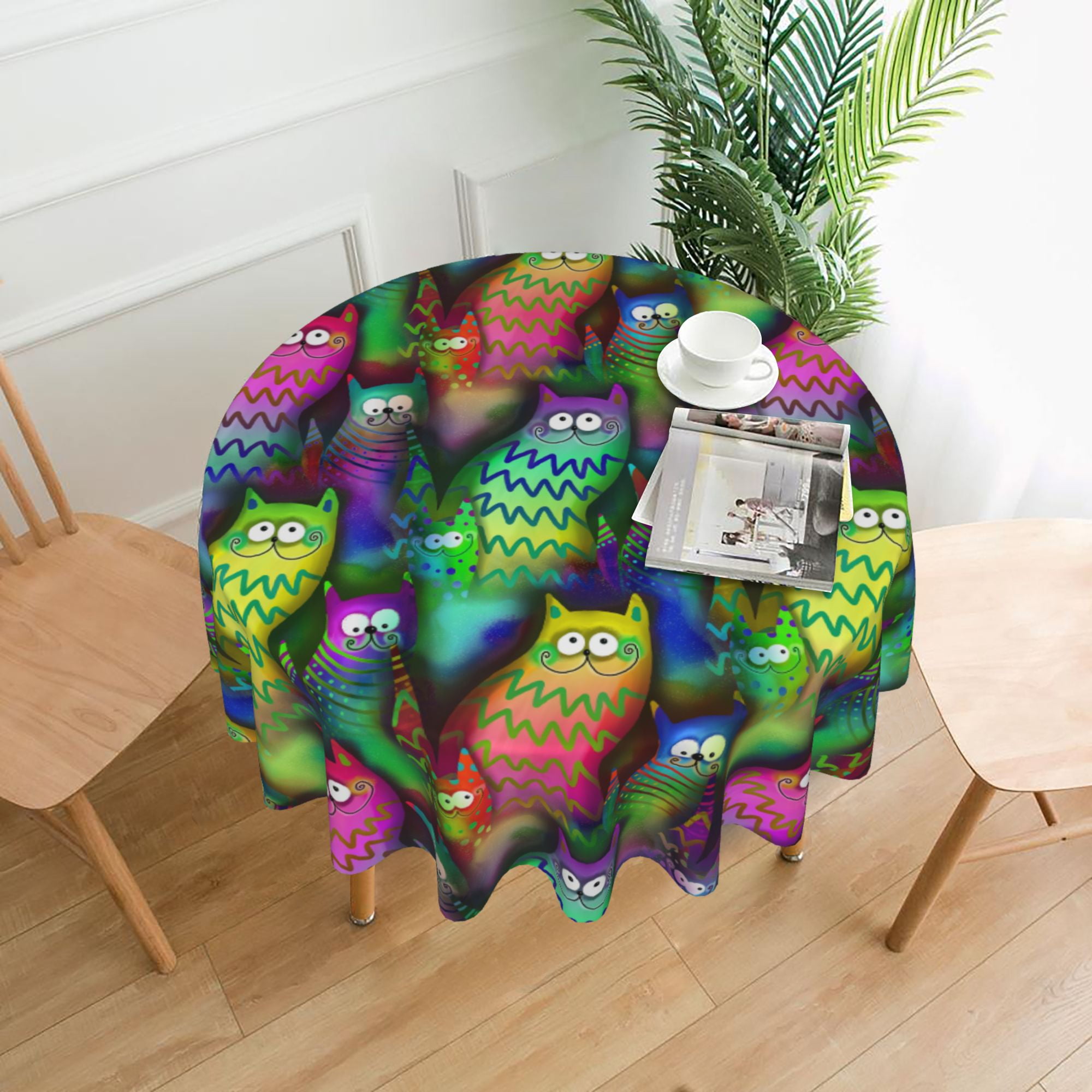 YFYANG 60 inch Round Table Cloth, Reusable Polyester Watercolor Doodle ...