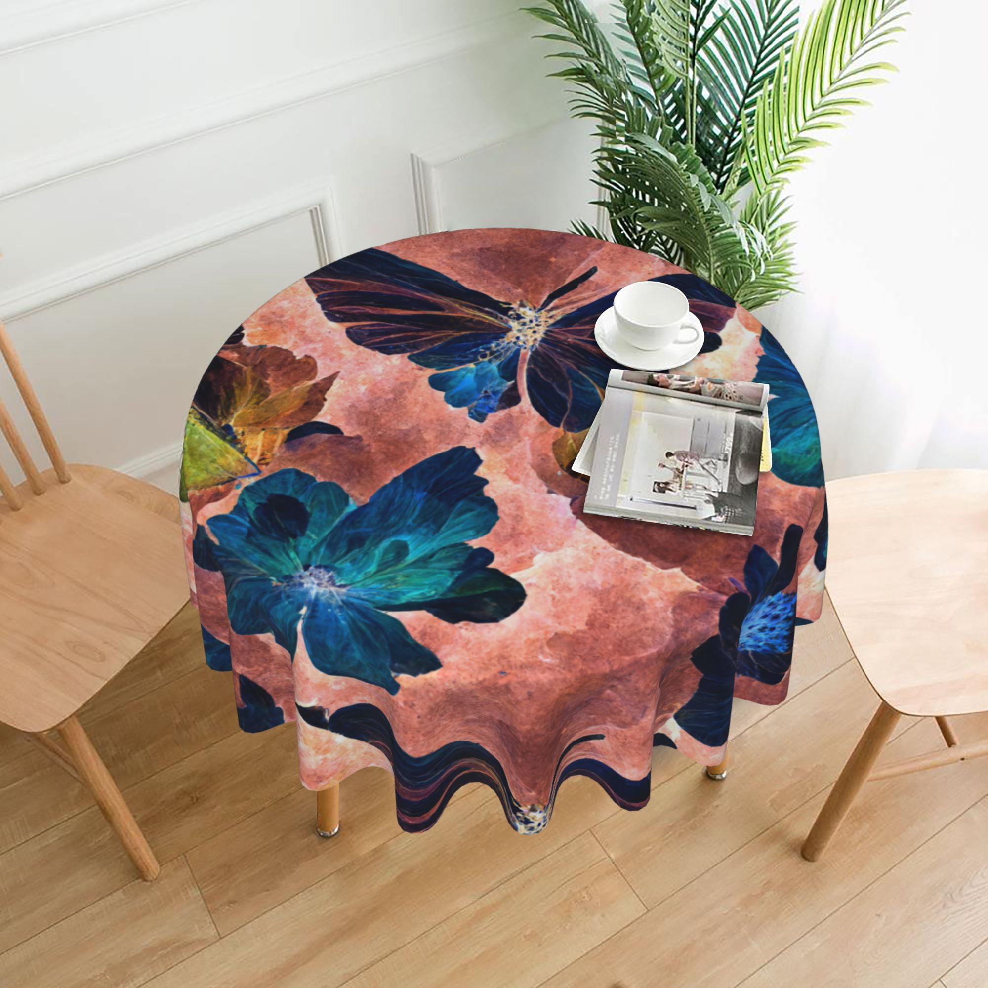 YFYANG 60 inch Round Table Cloth, Reusable Polyester Watercolor Floral ...