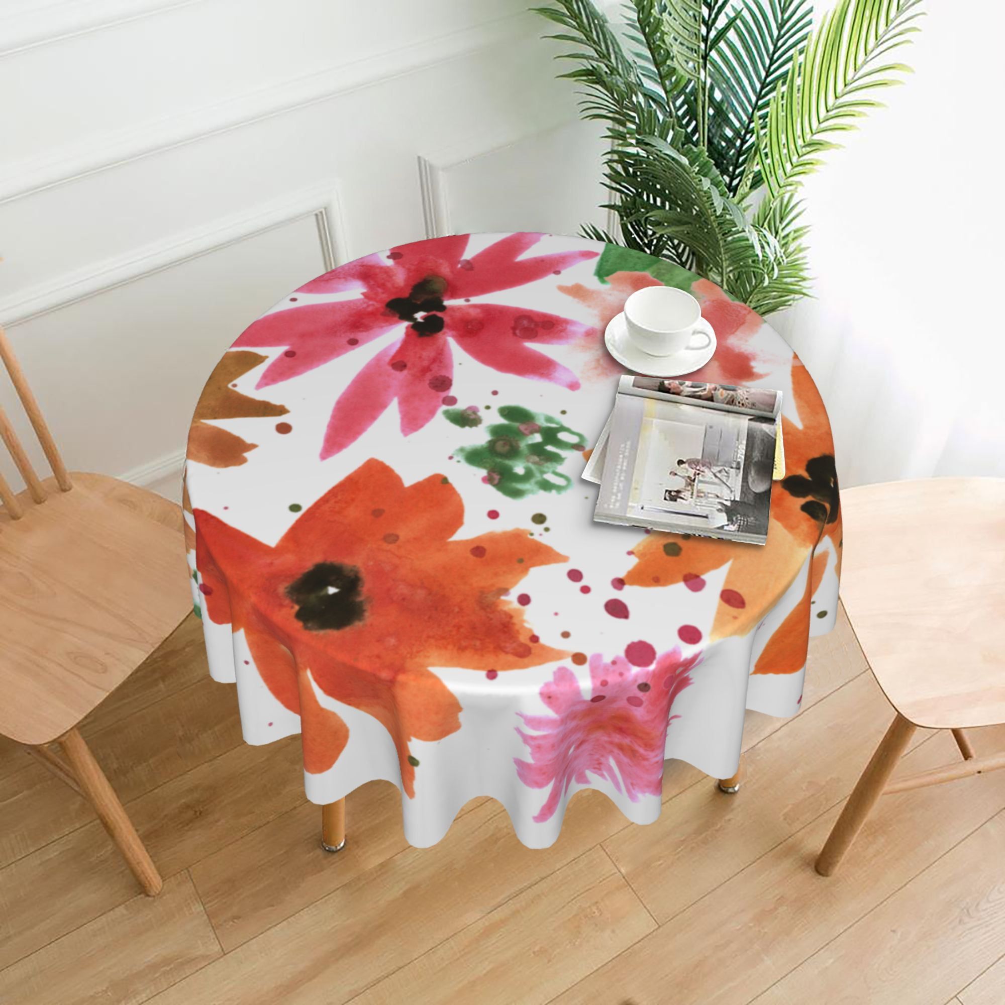 YFYANG 60 inch Round Table Cloth, Reusable Polyester Watercolor Flower ...