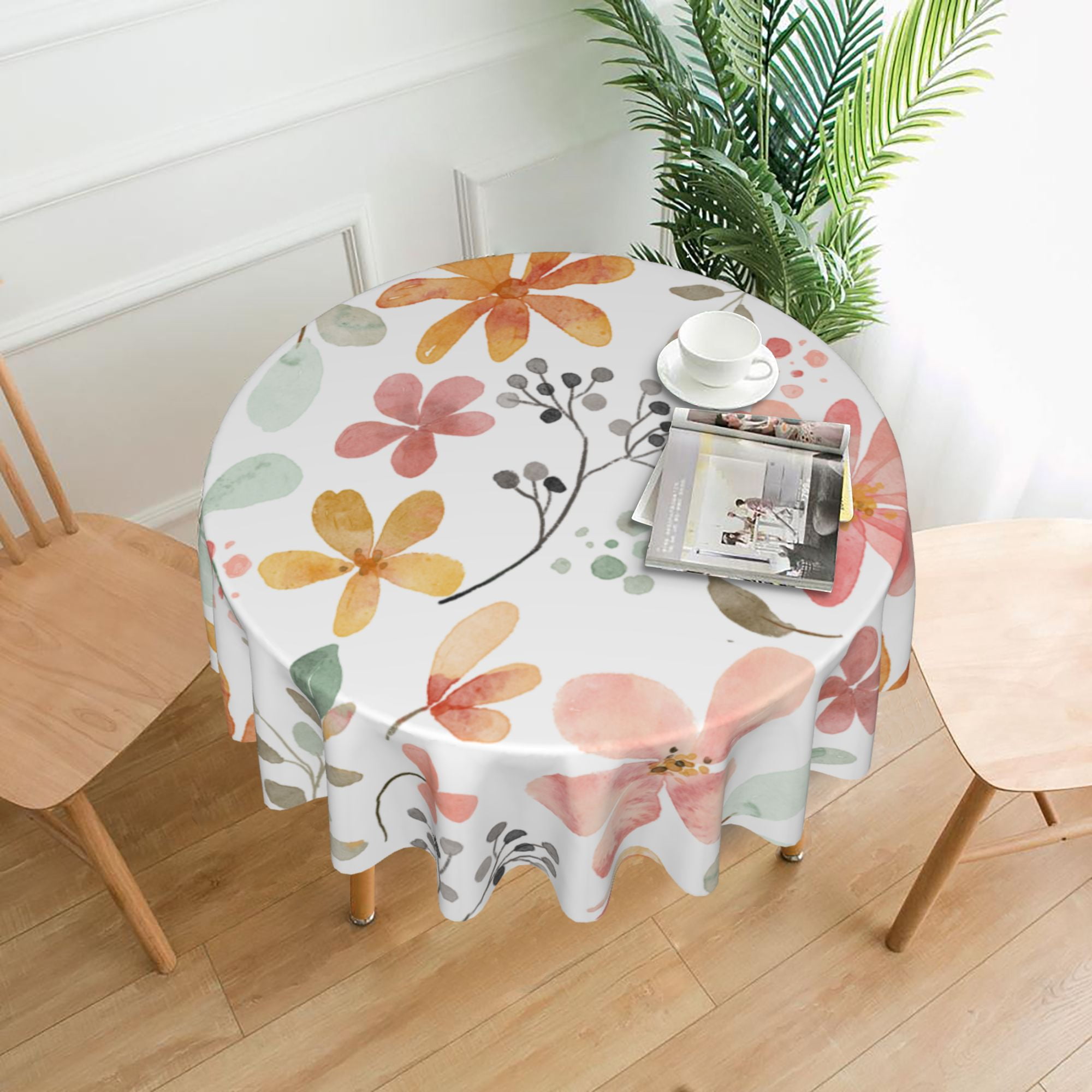 YFYANG 60 inch Round Table Cloth, Reusable Polyester Watercolor Flower ...
