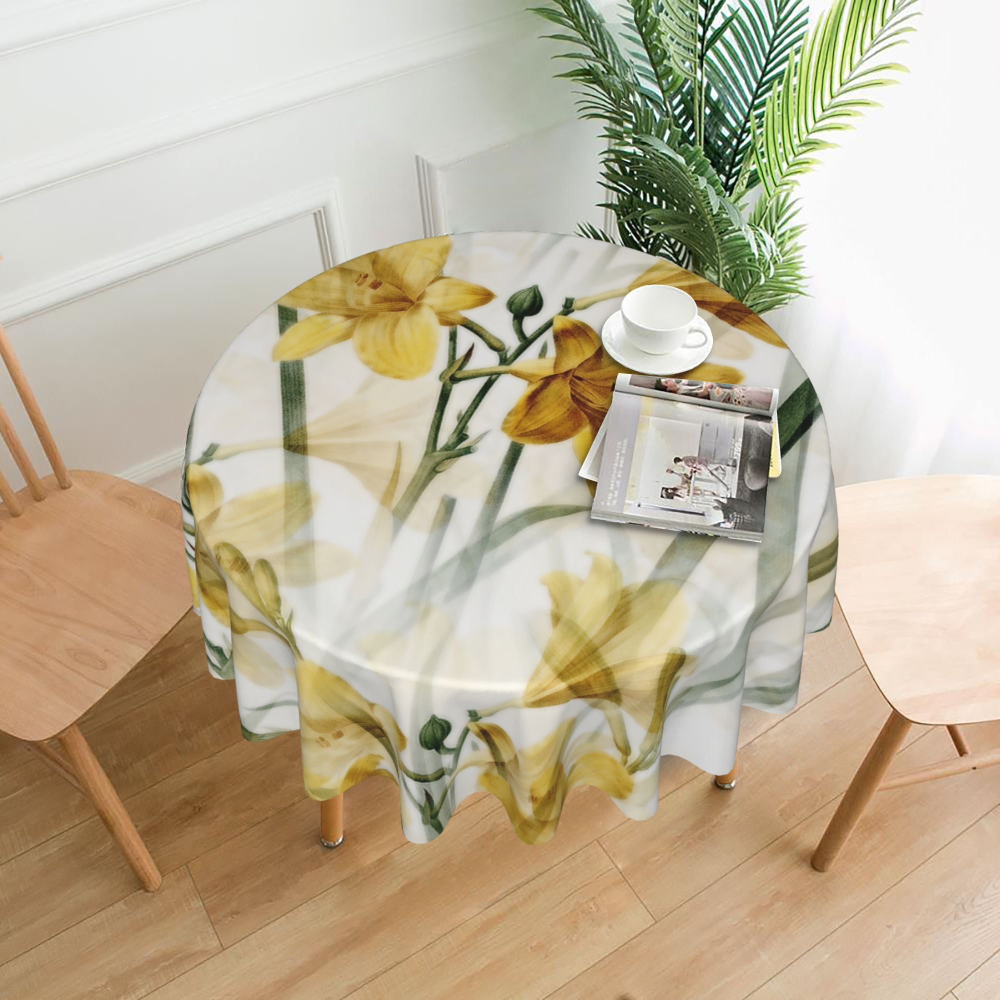 YFYANG 60 inch Round Table Cloth, Reusable Polyester Yellow Floral Art ...