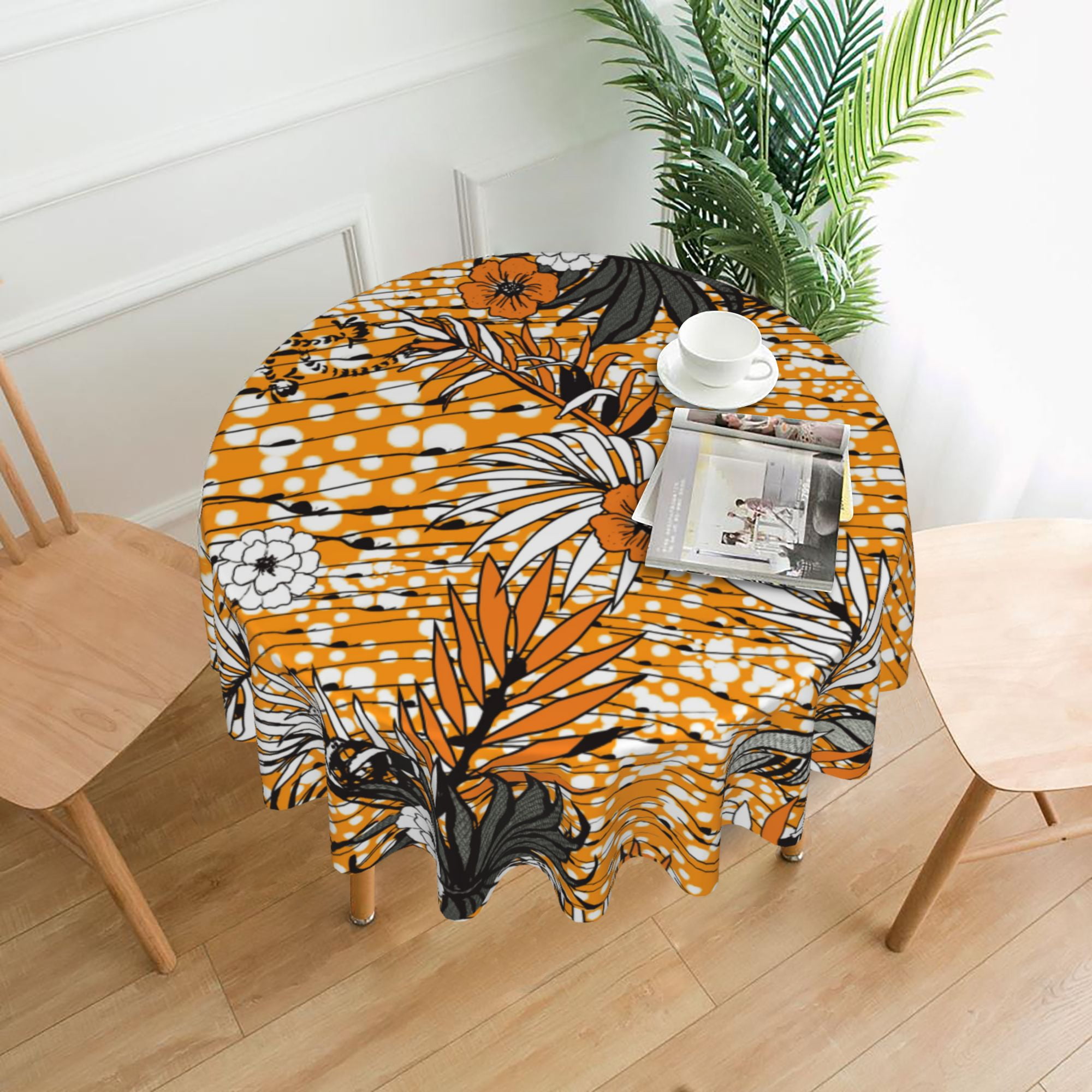 YFYANG 60 inch Round Table Cloth, Reusable Polyester Yellow Floral Line ...