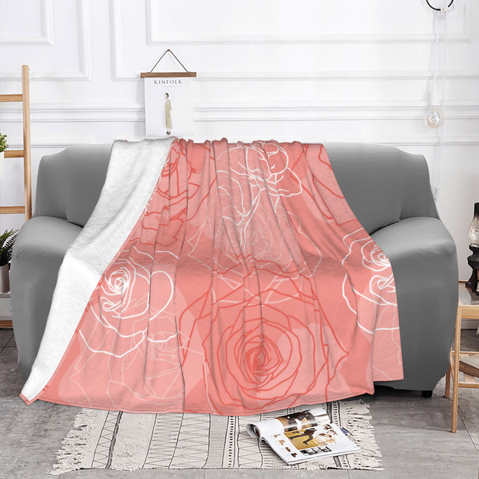 YFYANG Lightweight Warm Flannel Blanket, Pink Rose Line Texture Throw ...