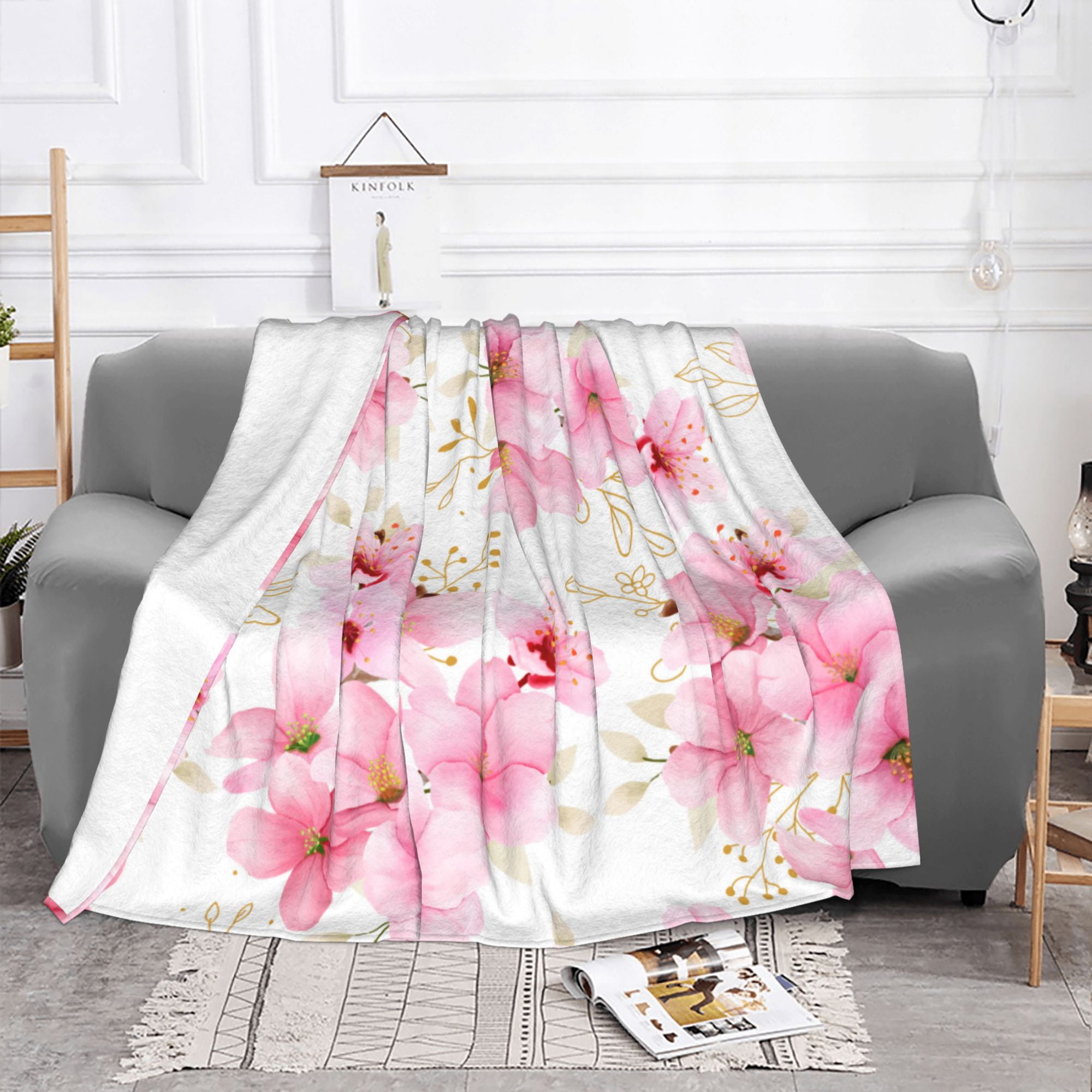 YFYANG Lightweight Warm Flannel Blanket, Pink Watercolor Floral ...