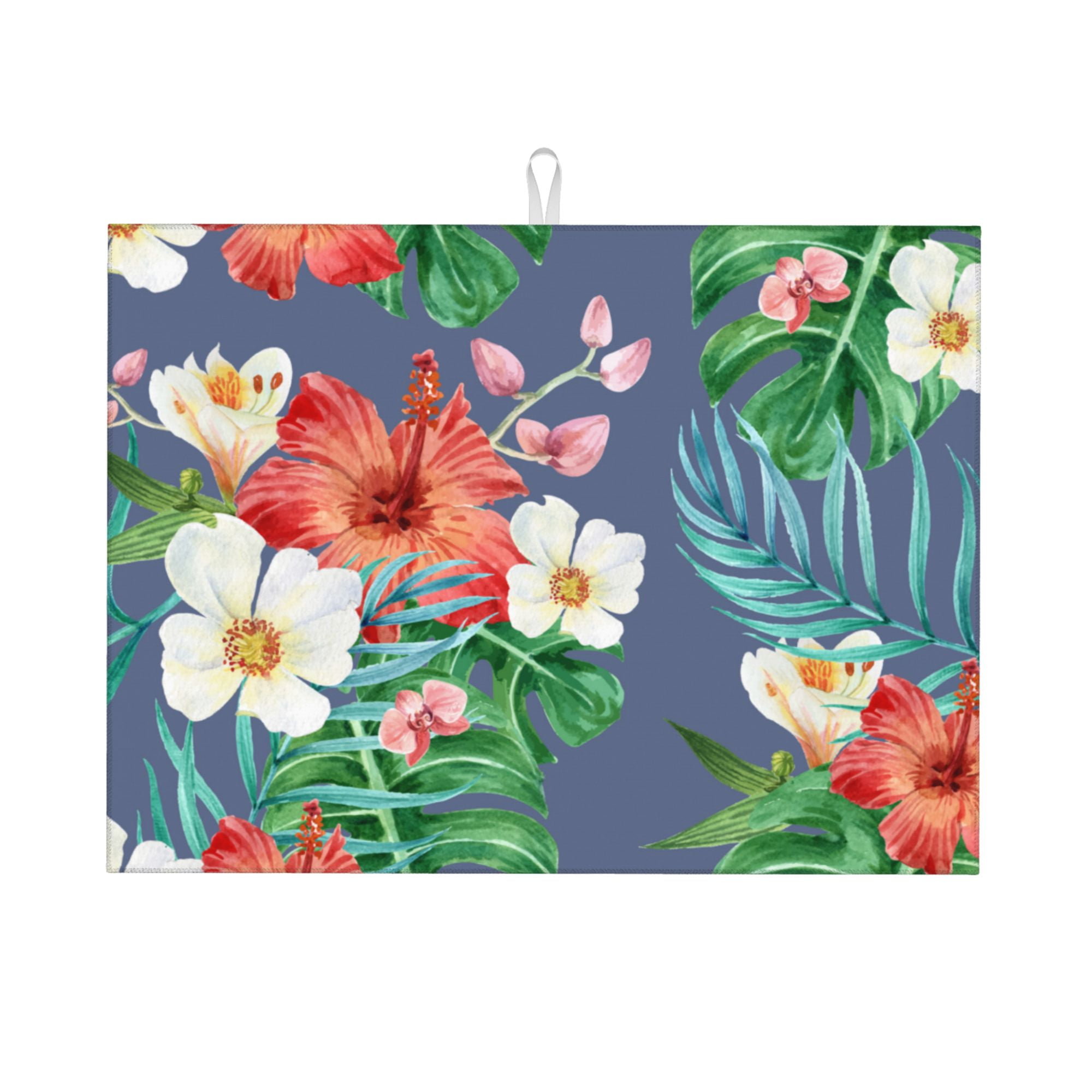 YFYANG Microfiber Dish Drying Mat for Kitchen, Reusable Tropical Flower ...