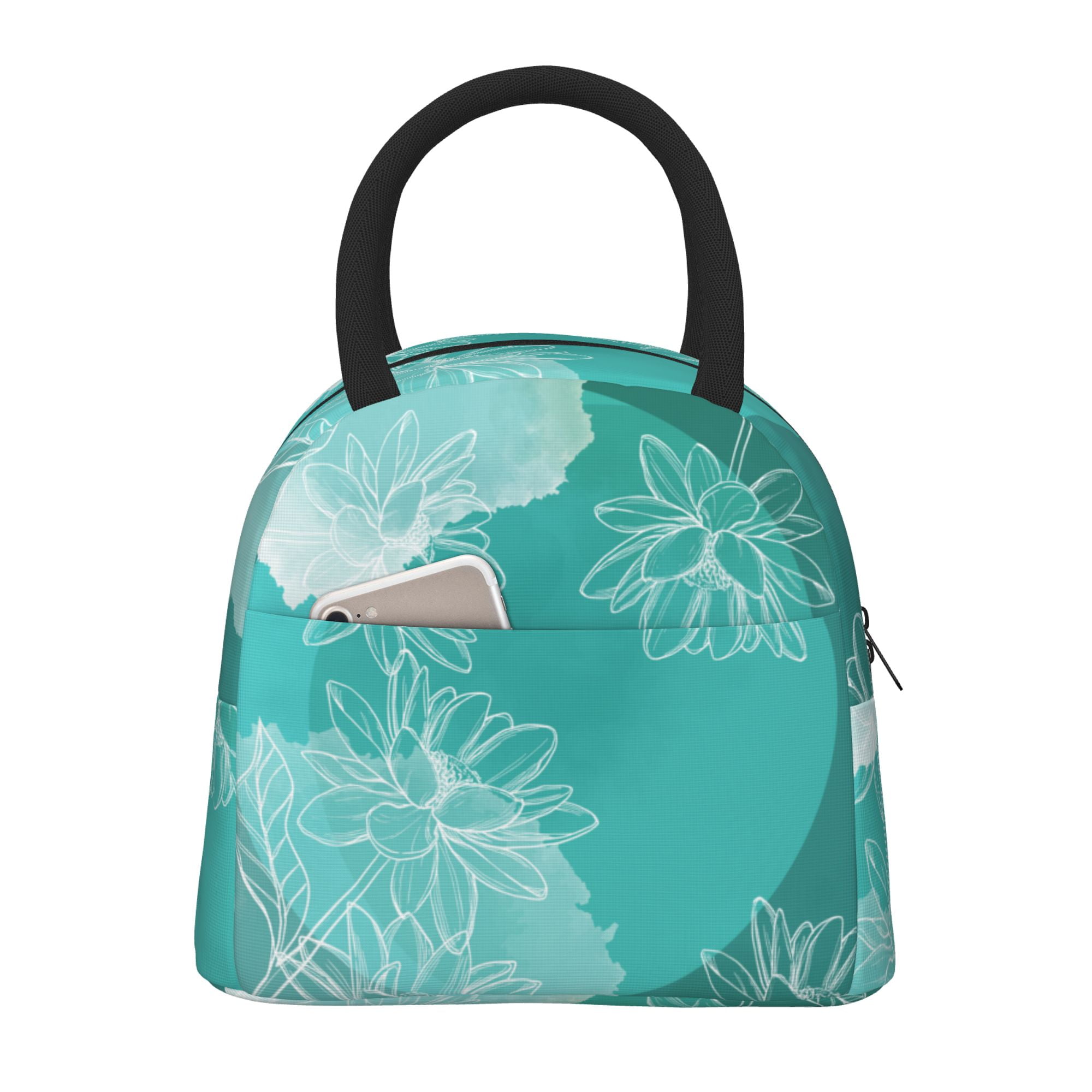 YFYANG Portable Waterproof Insulated Lunch Bag, Green Floral Textures ...