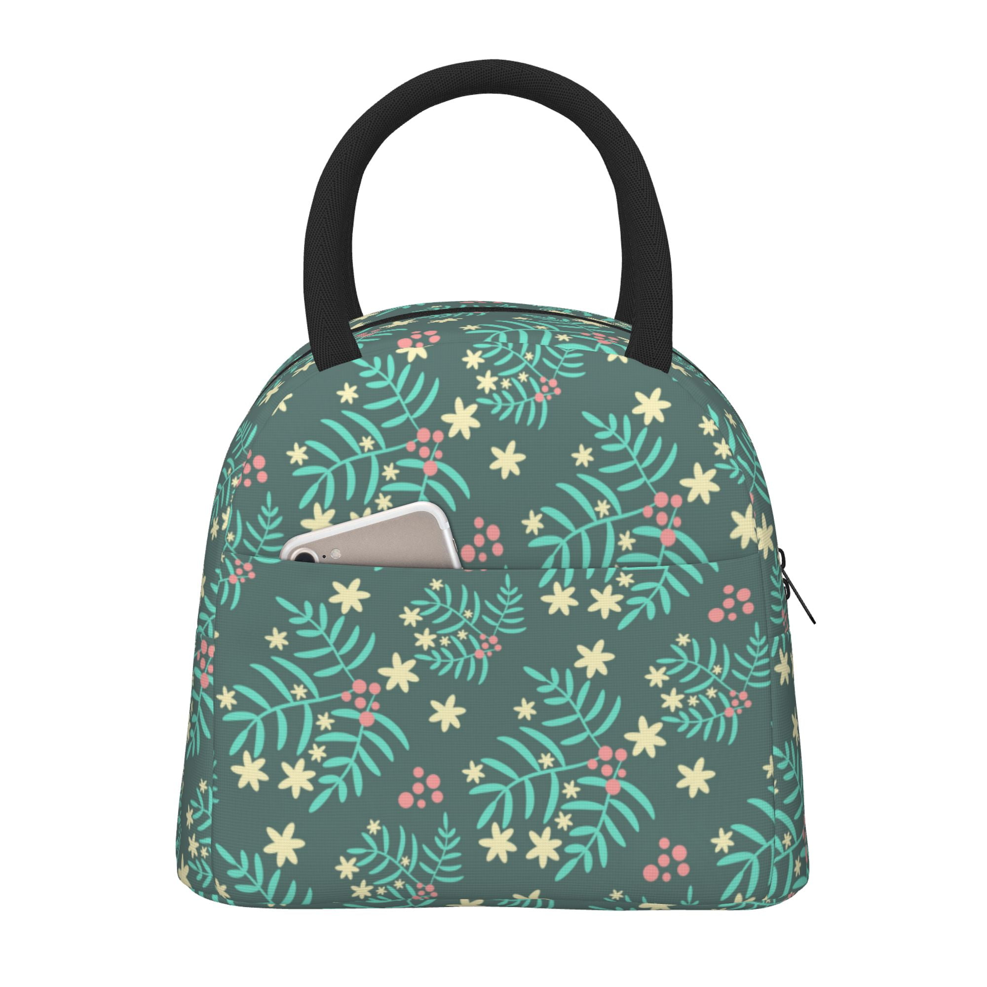 YFYANG Portable Waterproof Insulated Lunch Bag, Green Plant Texture Reusable Cooler Bag / Picnic ...